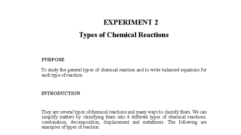 Experiment 2: Types of Chemical Reactions and Observations - Studocu