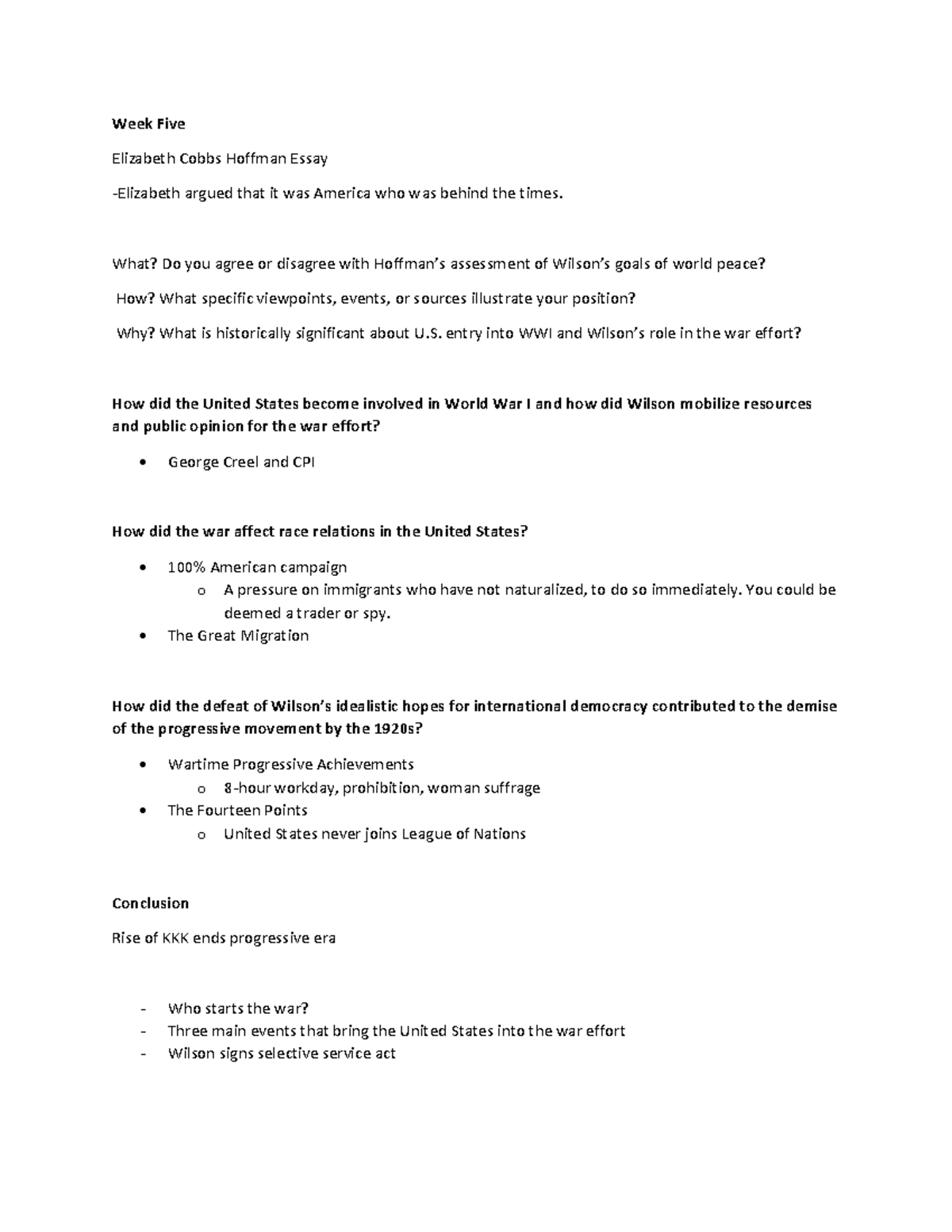 WWI Lecture Notes: Wilson’s Goals & U.S. Involvement Analysis - Studocu