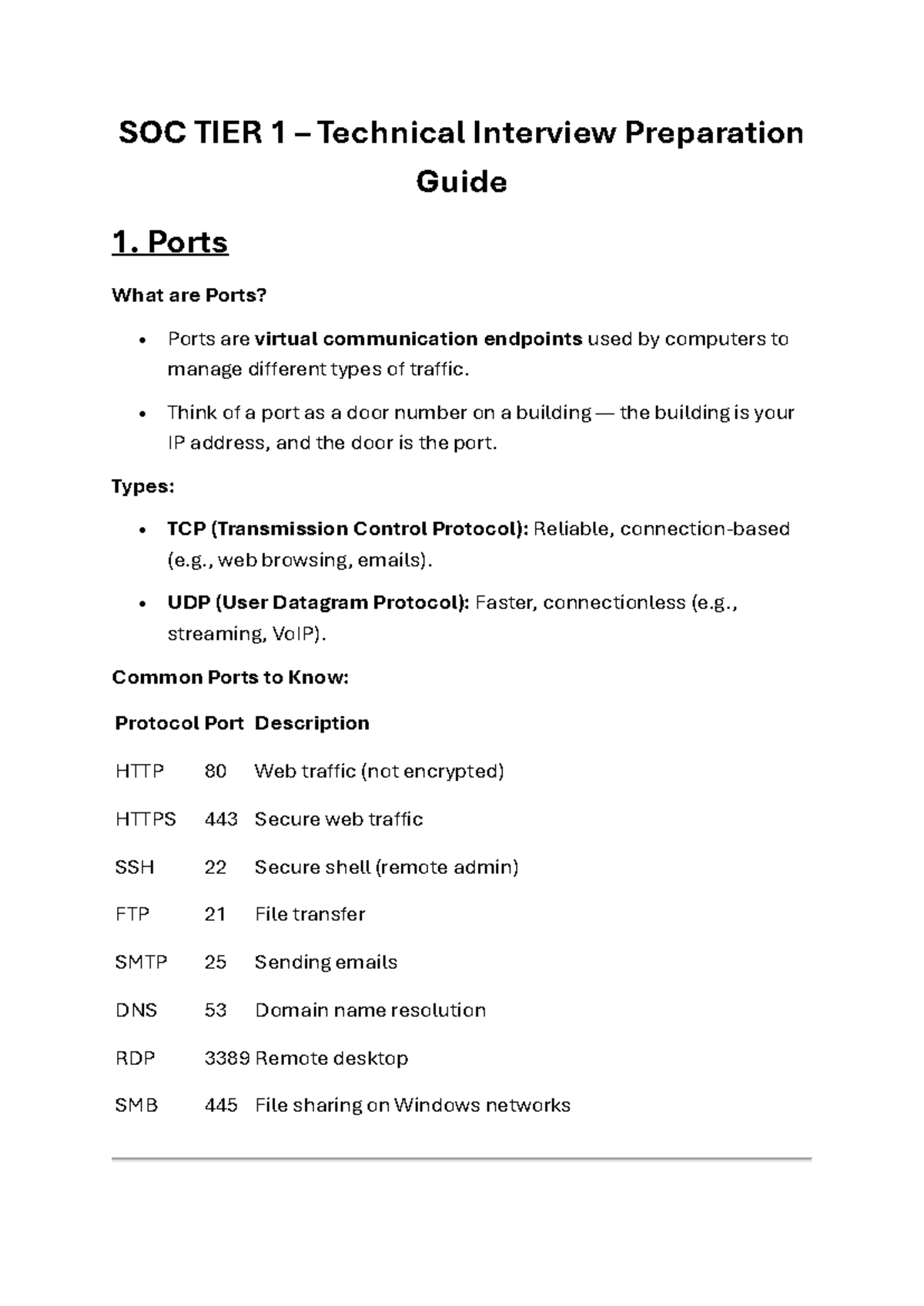 SOC TIER 1 Technical Interview Prep: Understanding Ports & Security - Studocu
