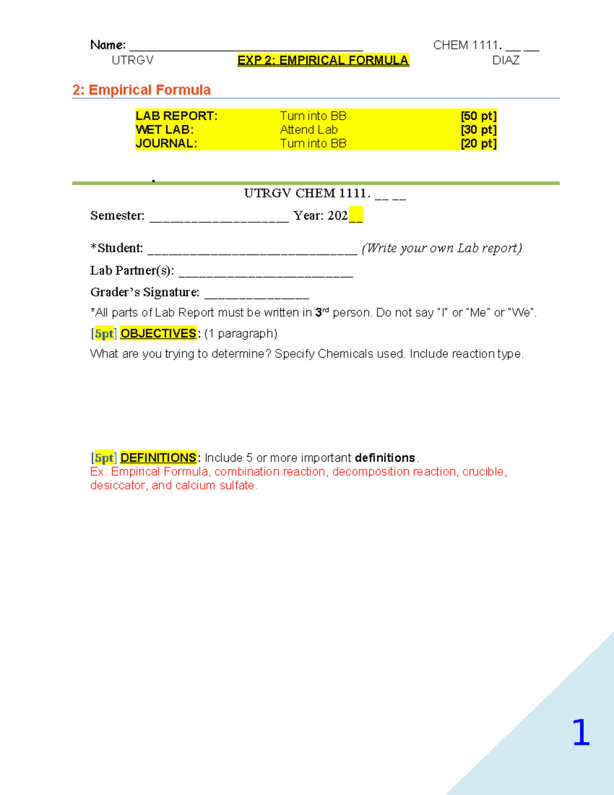UTRGV CHEM __ __ EXP 2: Empirical Formula Lab Report 2023 - Studocu