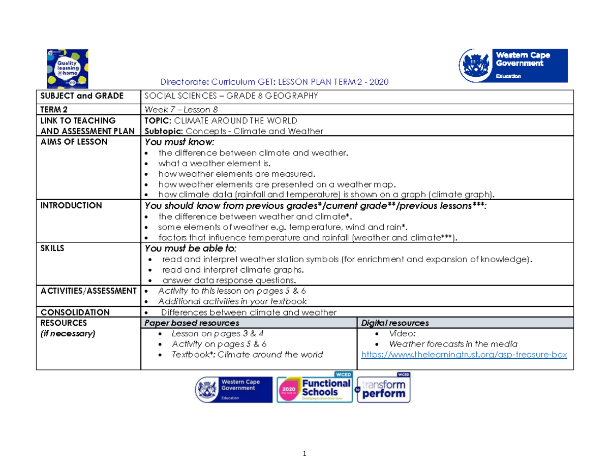 Climate and Weather Lesson Plan: Social Sciences Geography 8 Term 2 ...