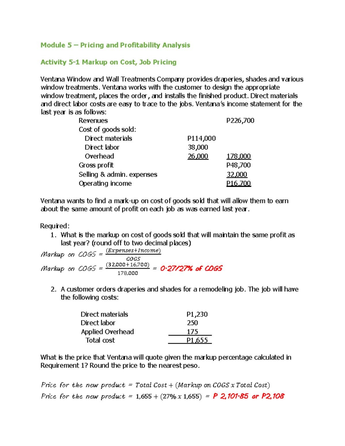AE 23 Module 5 Activities: Pricing, Costing, and Sales Variances - Studocu