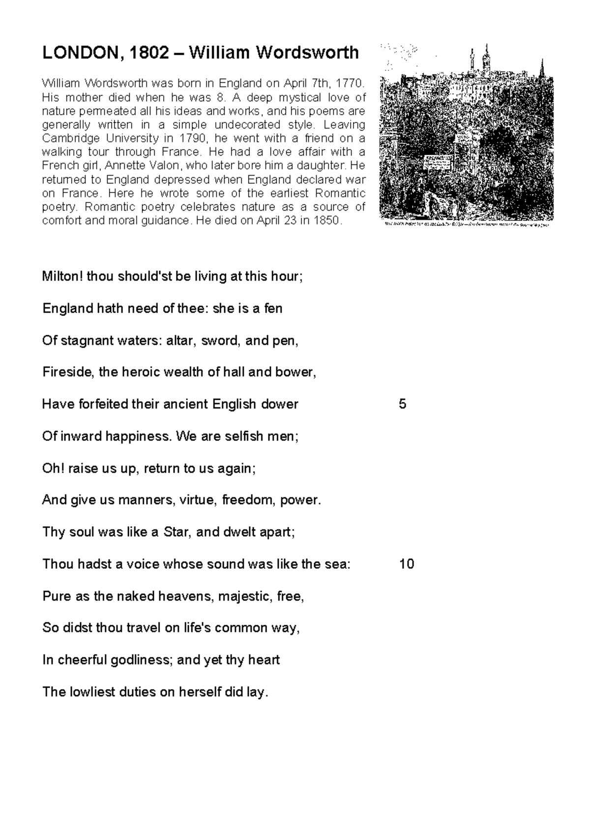 Gr 11 Poem 4: London, 1802 - Class Notes on Wordsworth's Themes - Studocu