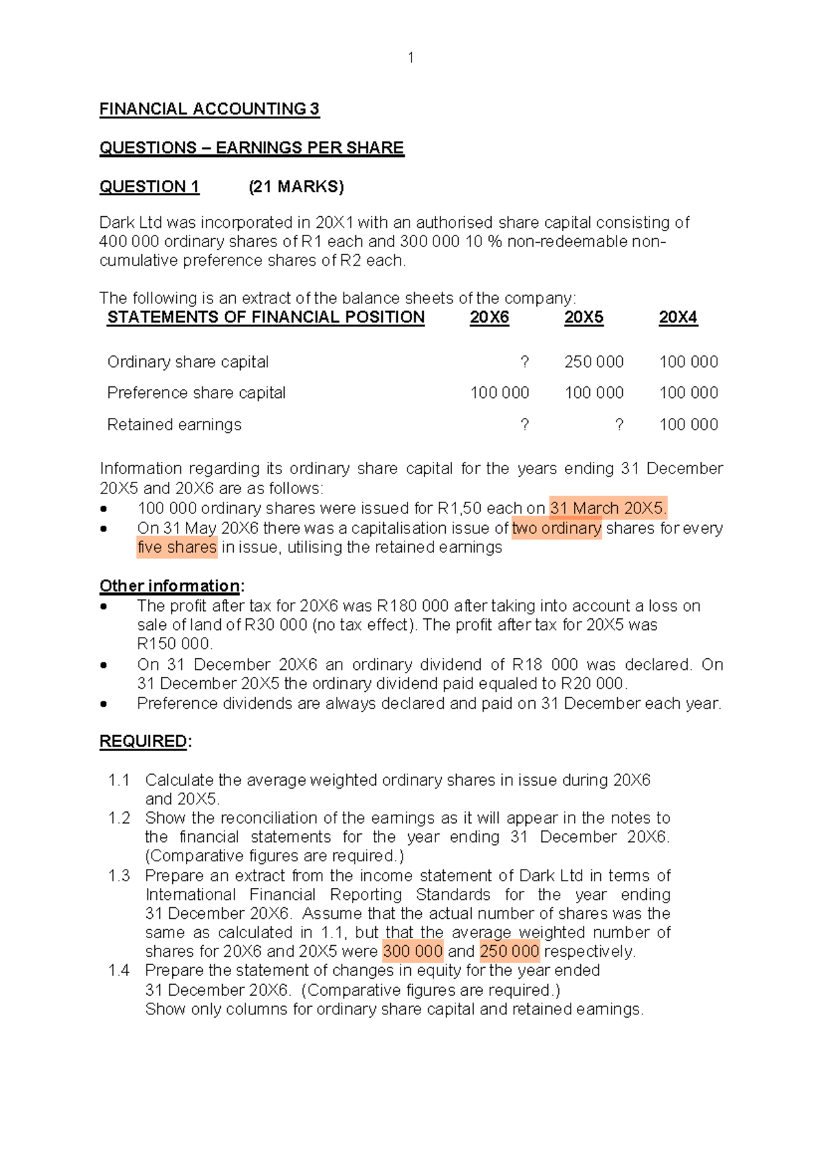 EPS Questions - Earnings Per Share Analysis for FIN ACC 1 - Studocu