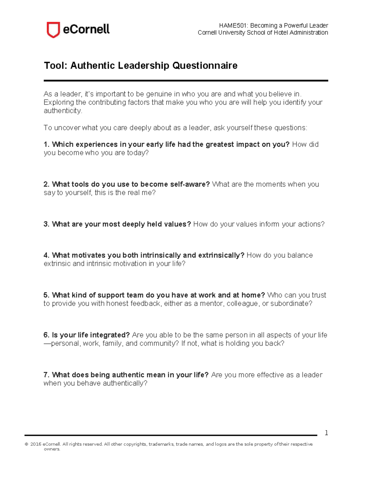 HAME501: Authentic Leadership Questionnaire Insights for Leaders - Studocu