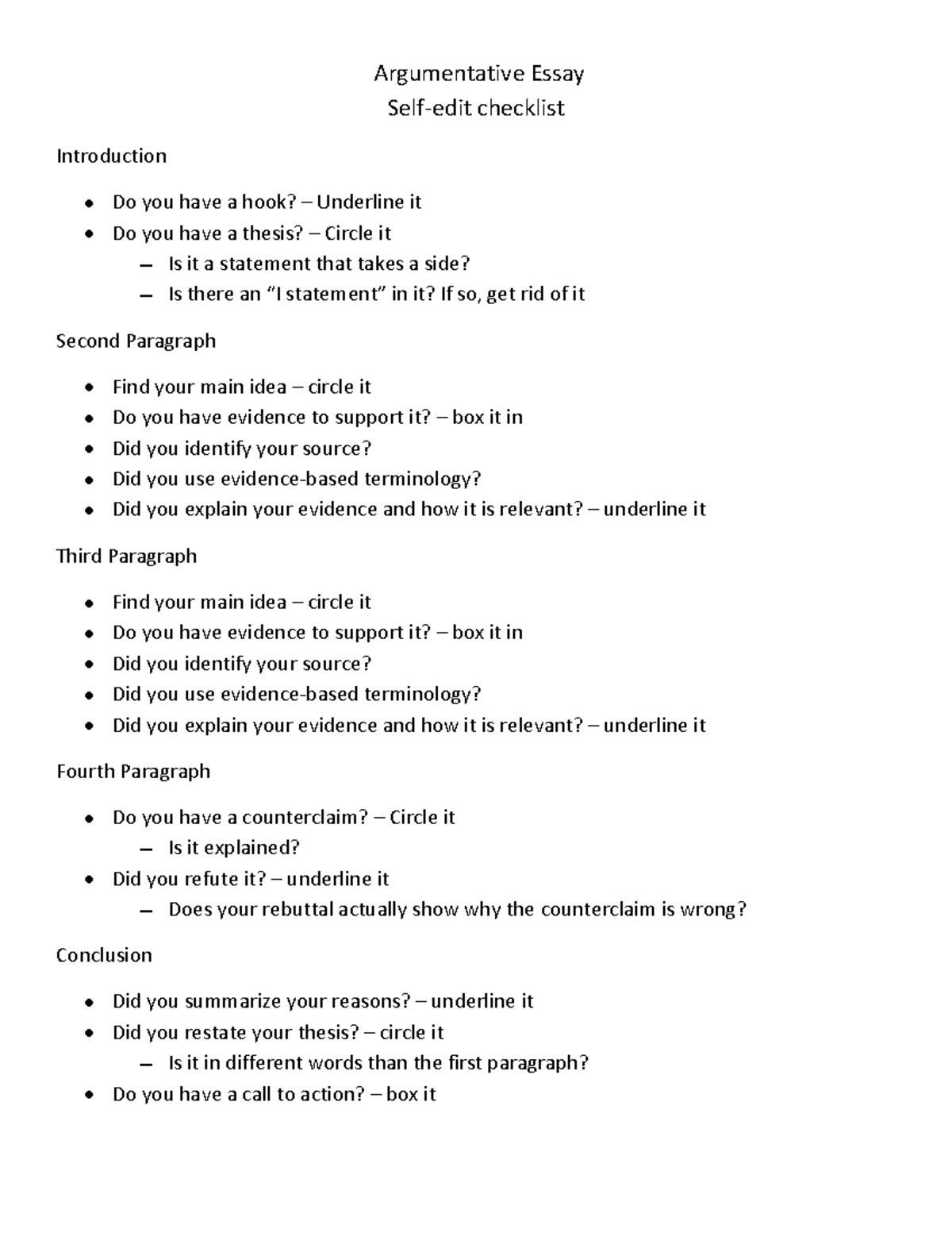 Argumentative Essay Checklist - Argumentative Essay Self-edit checklist ...