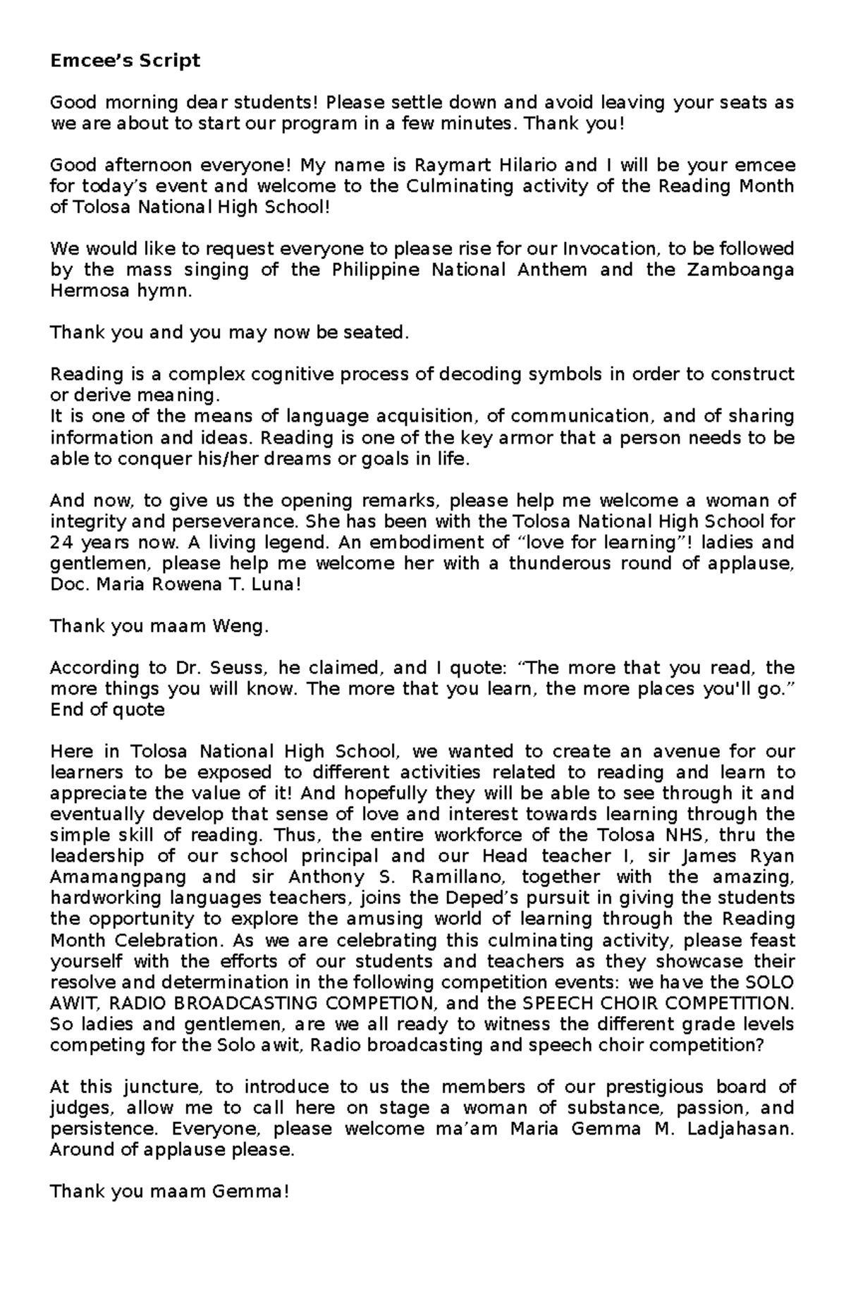 Emcee Script for Reading Month 2023 Celebration Event - Studocu