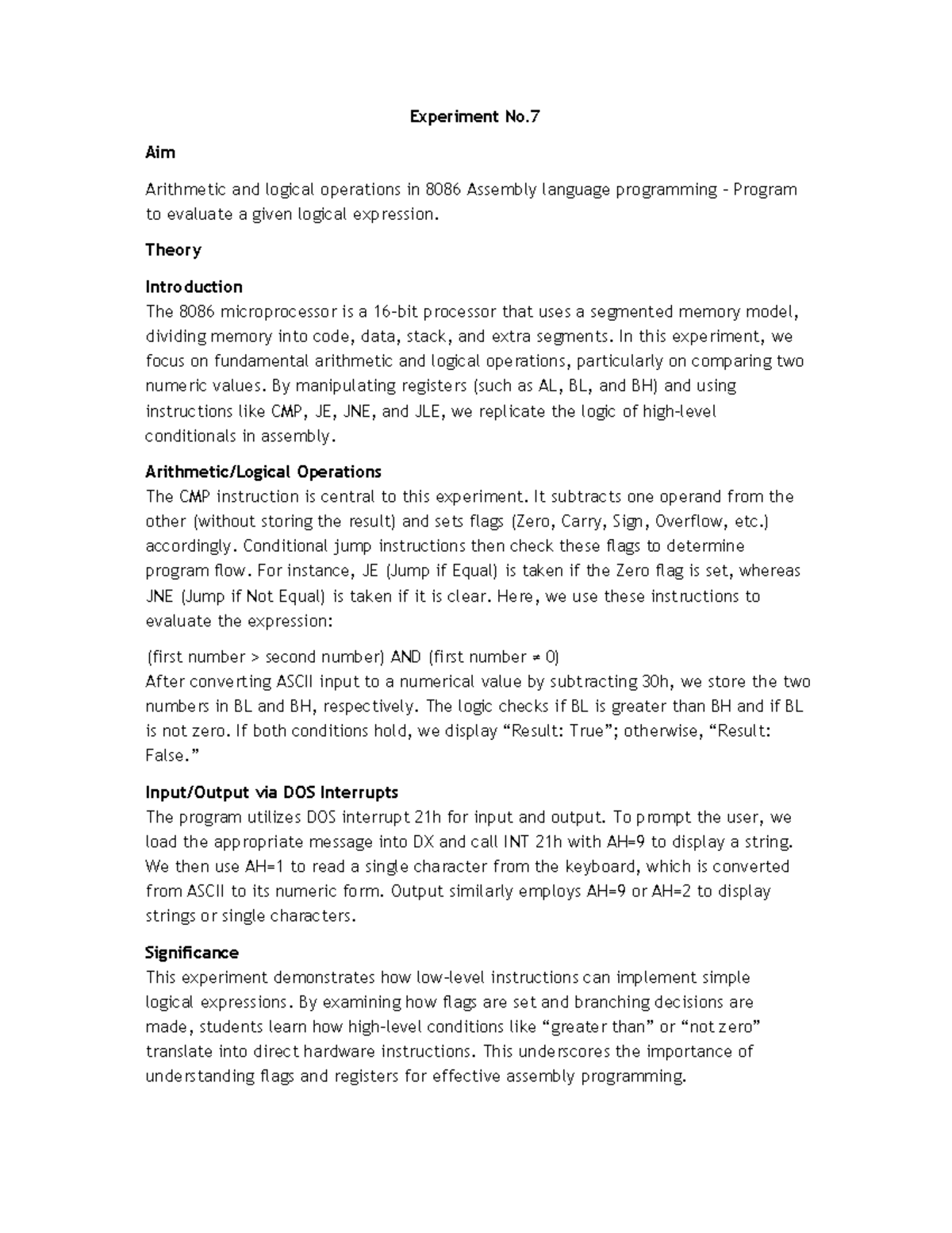 Experiment No.7: Arithmetic and logical operations in 8086 assembly language - Studocu