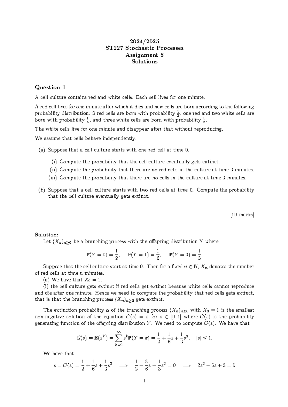 ST227 2024-25 Assignment 8 Solutions on Stochastic Processes - Studocu