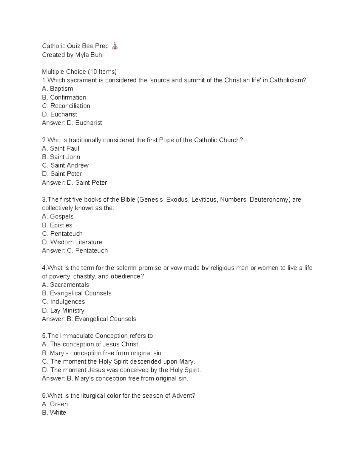 Catholic Quiz Bee Prep: Essential MCQs for Exam Success - Studocu