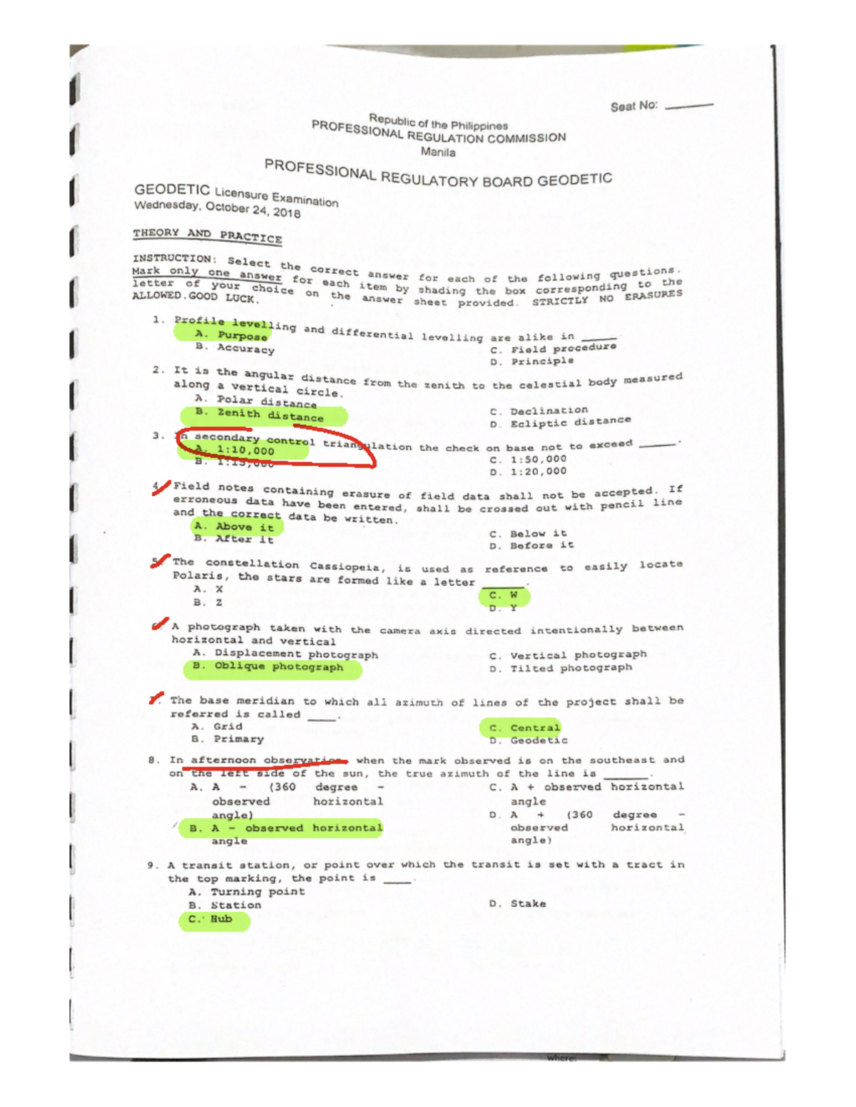 TNP 2018 - Geodetic Engineers Theory and Practice Exam Review - Studocu