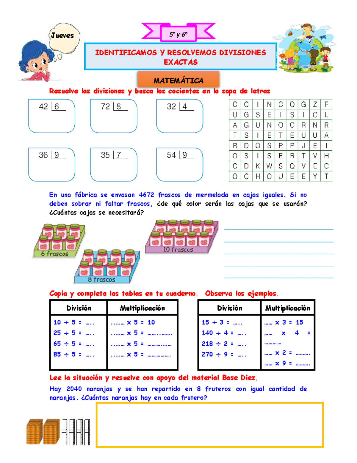 Ficha División - SESIÓN - Resuelve las divisiones y busca los cocientes ...