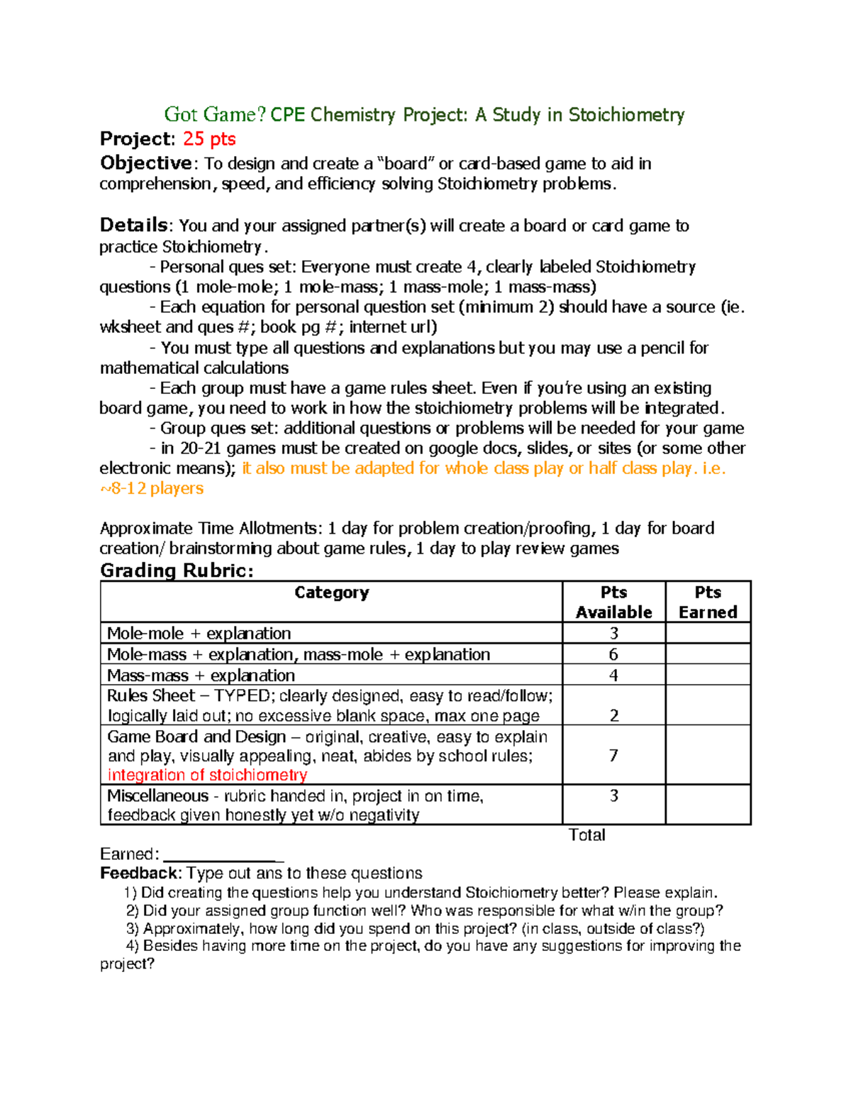 CPE Chemistry Project: Got Game? Stoichiometry Board Game Design - Studocu