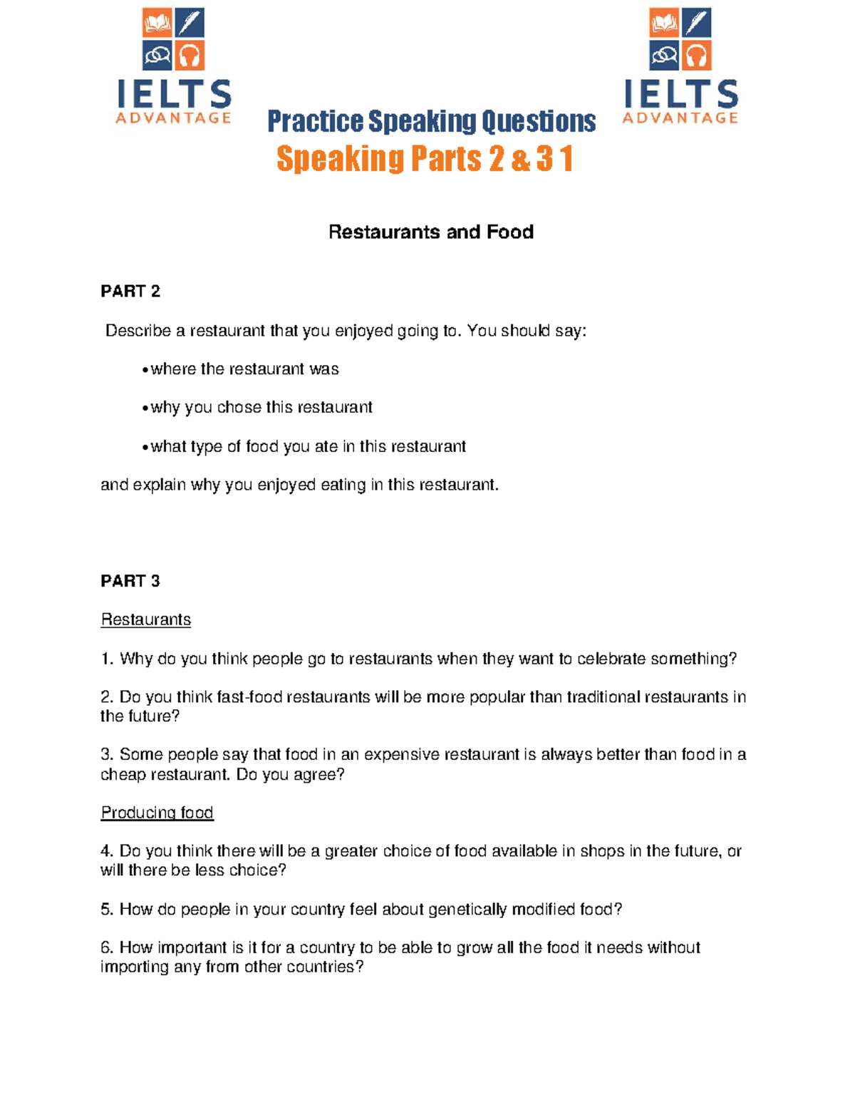 Practice Speaking Questions: Part 2 & 3 Overview - Studocu