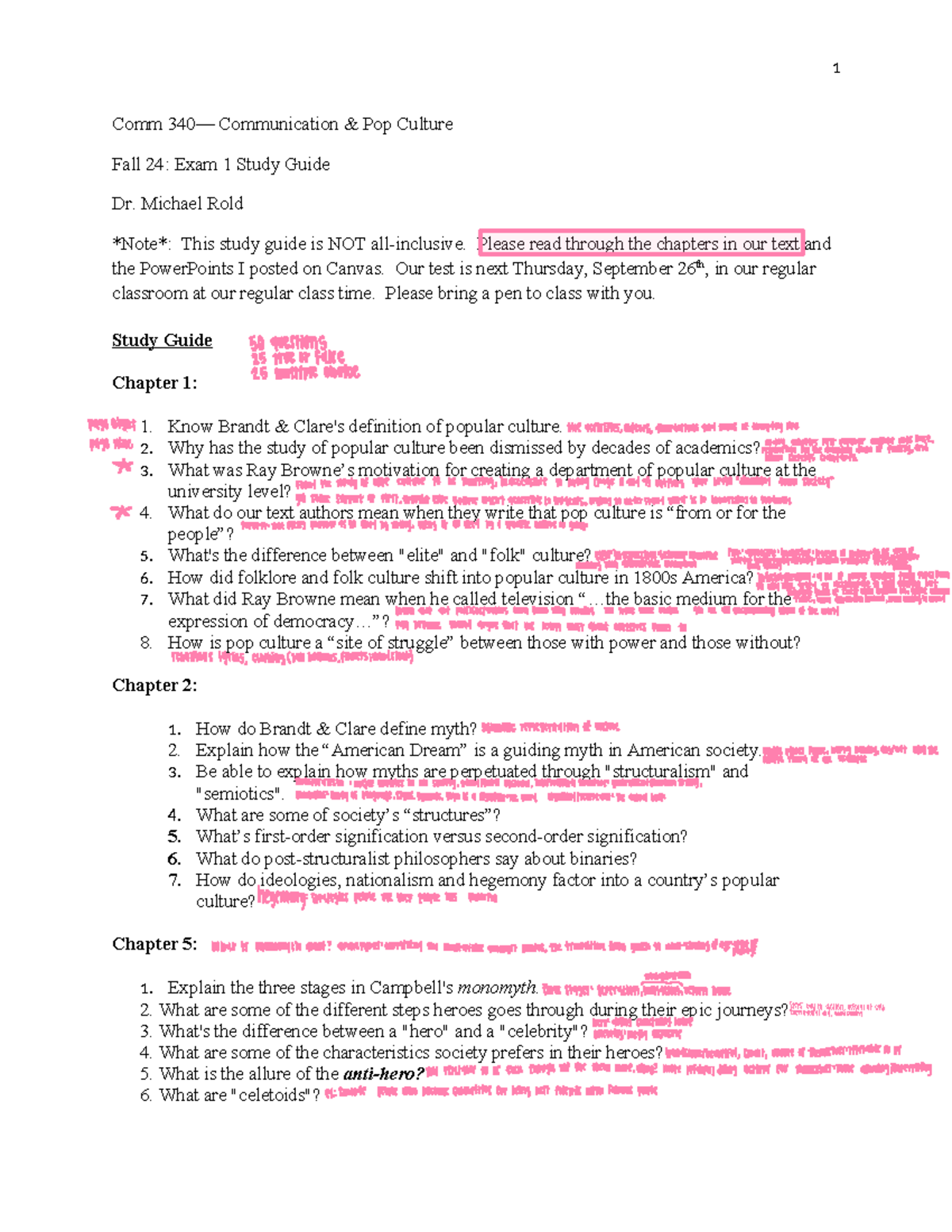 Comm 340 - Fall 24: Exam 1 Study Guide on Communication & Pop Culture ...