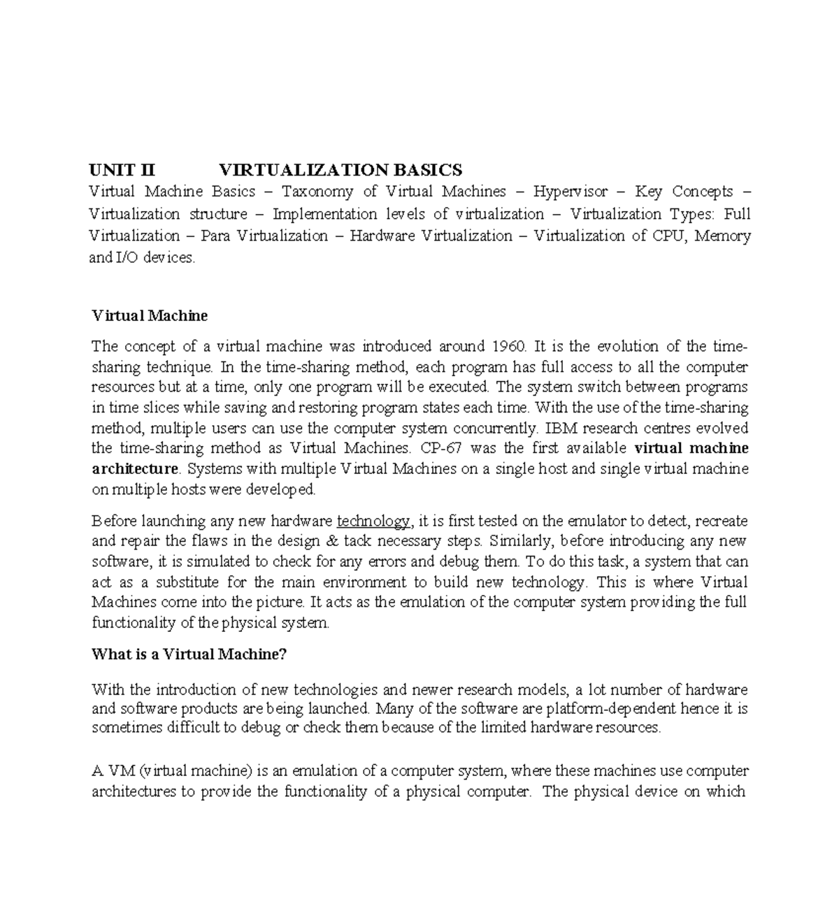 Unit II Virtualization Basics: Understanding VMs & Hypervisors - Studocu