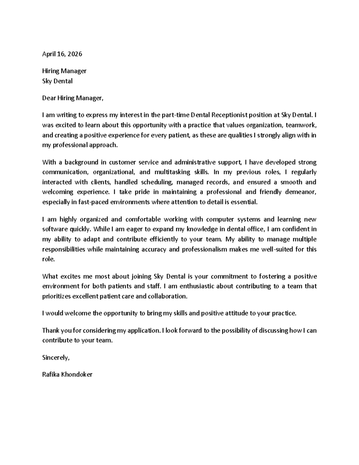 Cover Letter for Dental Receptionist Position at Sky Dental - Studocu
