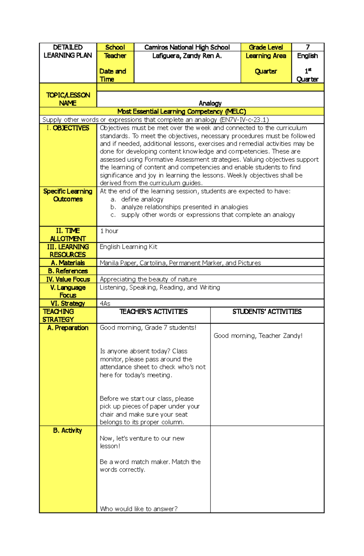 W1 - Analogy Lesson Plan for Grade 7 English (1st Quarter) - Studocu