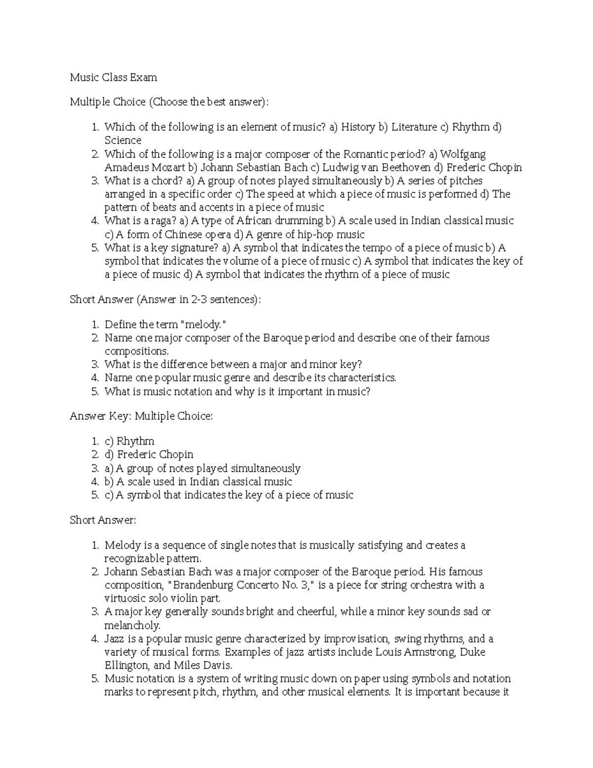 MUS101 Final Exam Practice: Music Appreciation Questions & Key - Studocu