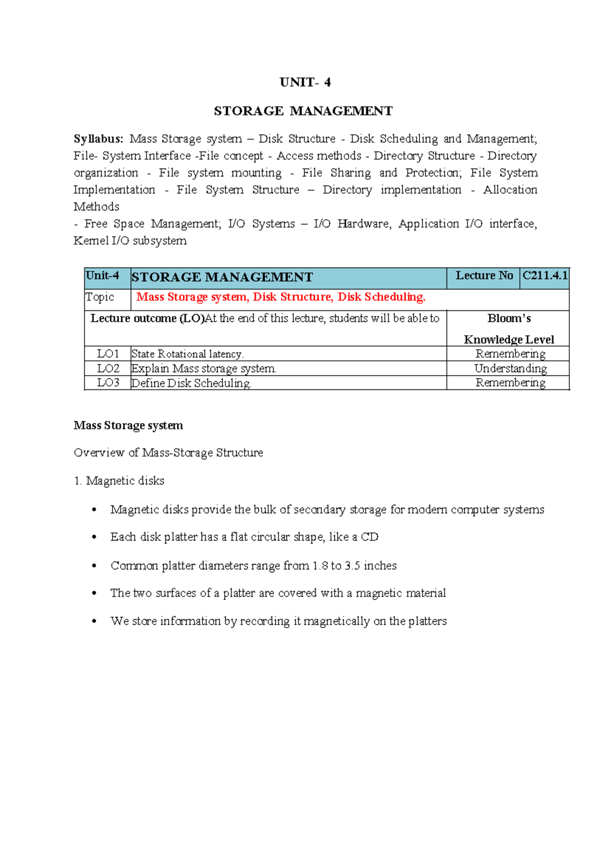 AL3452 OS UNIT-4 Lecture Notes: Storage Management & File System - Studocu
