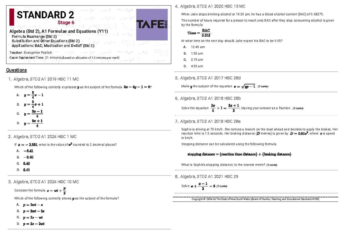 Algebra Practice Paper, STD2 A1 2020 HSC - Worked Solutions - Studocu