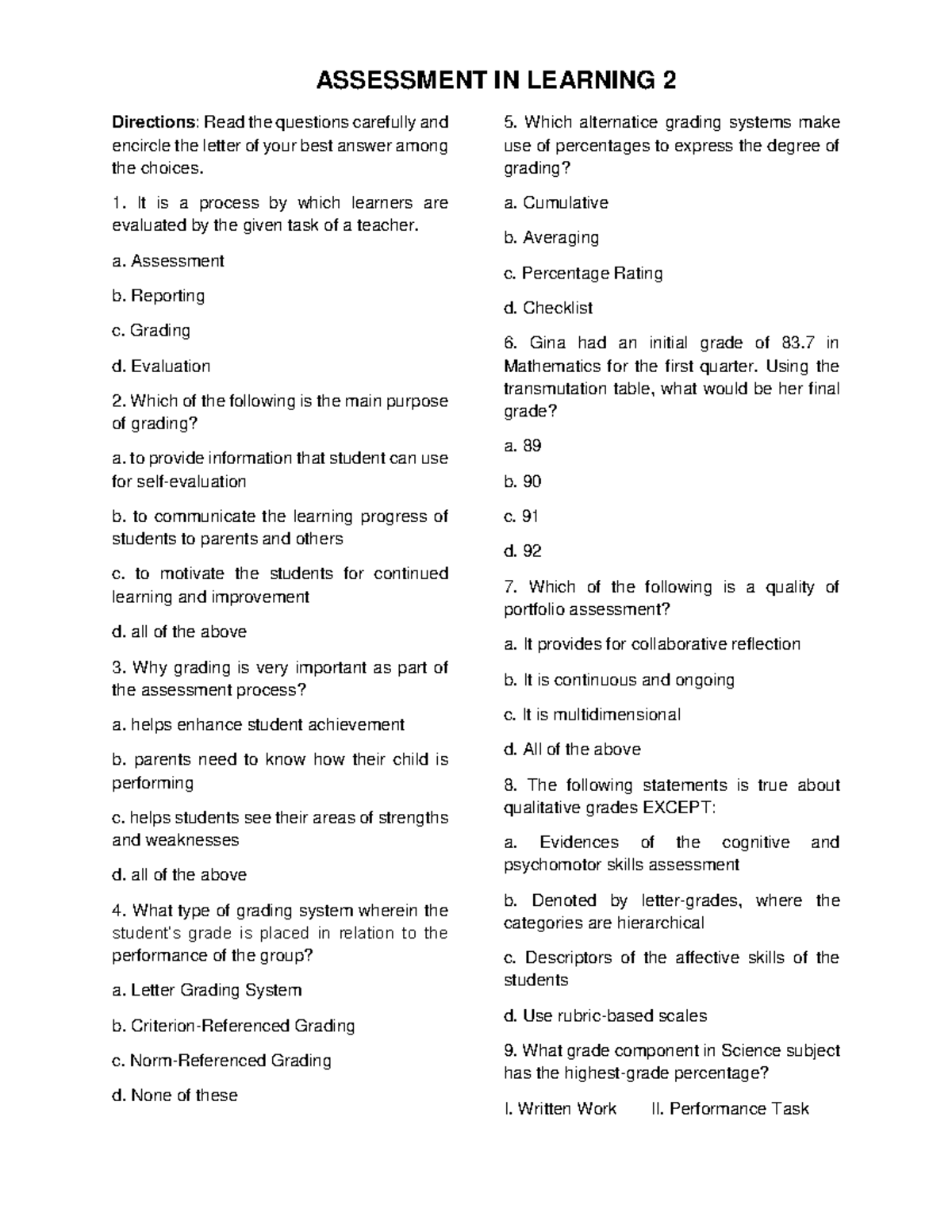 PED7 Assessment in Learning 2: Grading Systems and Evaluation ...