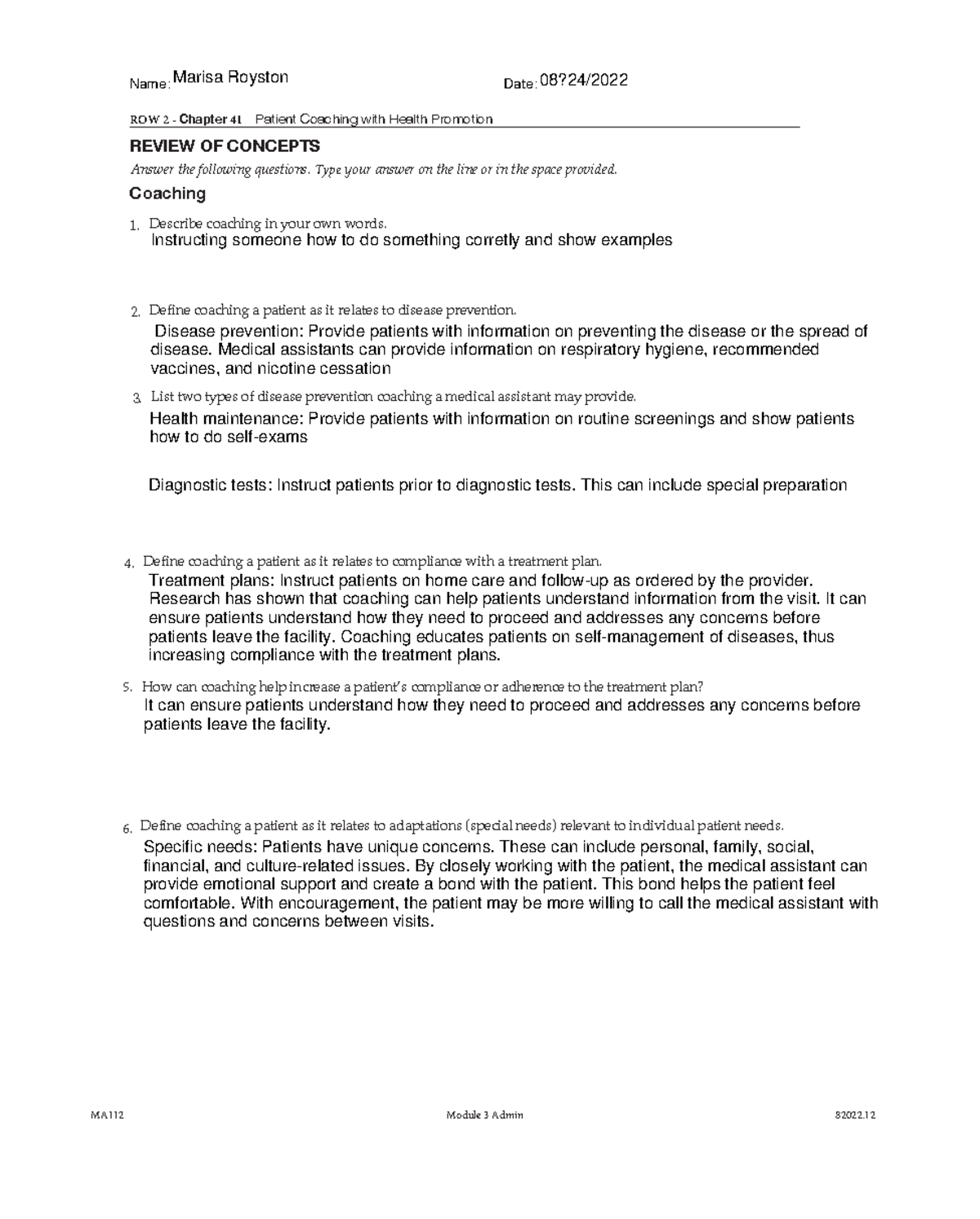 Finished MA112 ROW 2 Chapter 41 - ROW 2 - Chapter 41 Patient Coaching ...