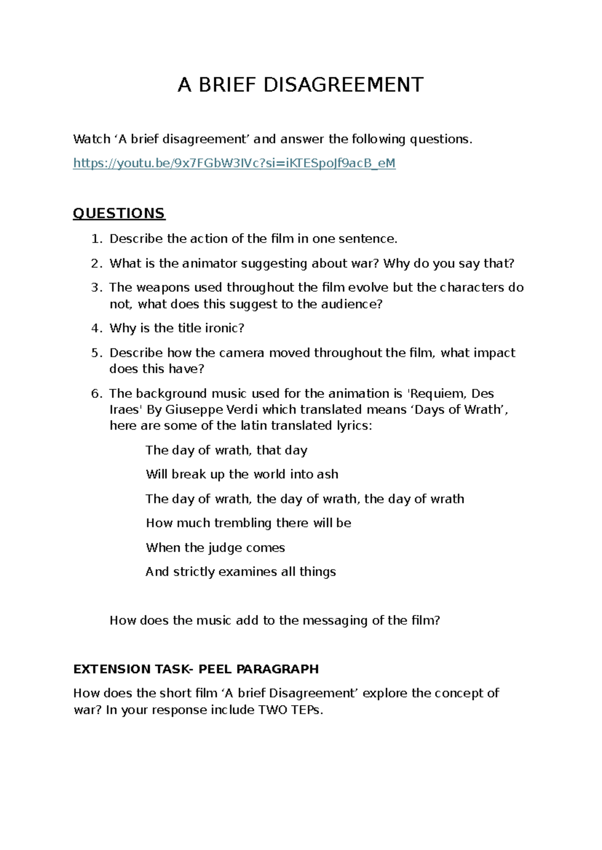 A BRIEF DISAGREEMENT - Film Analysis Questions and Insights - Studocu