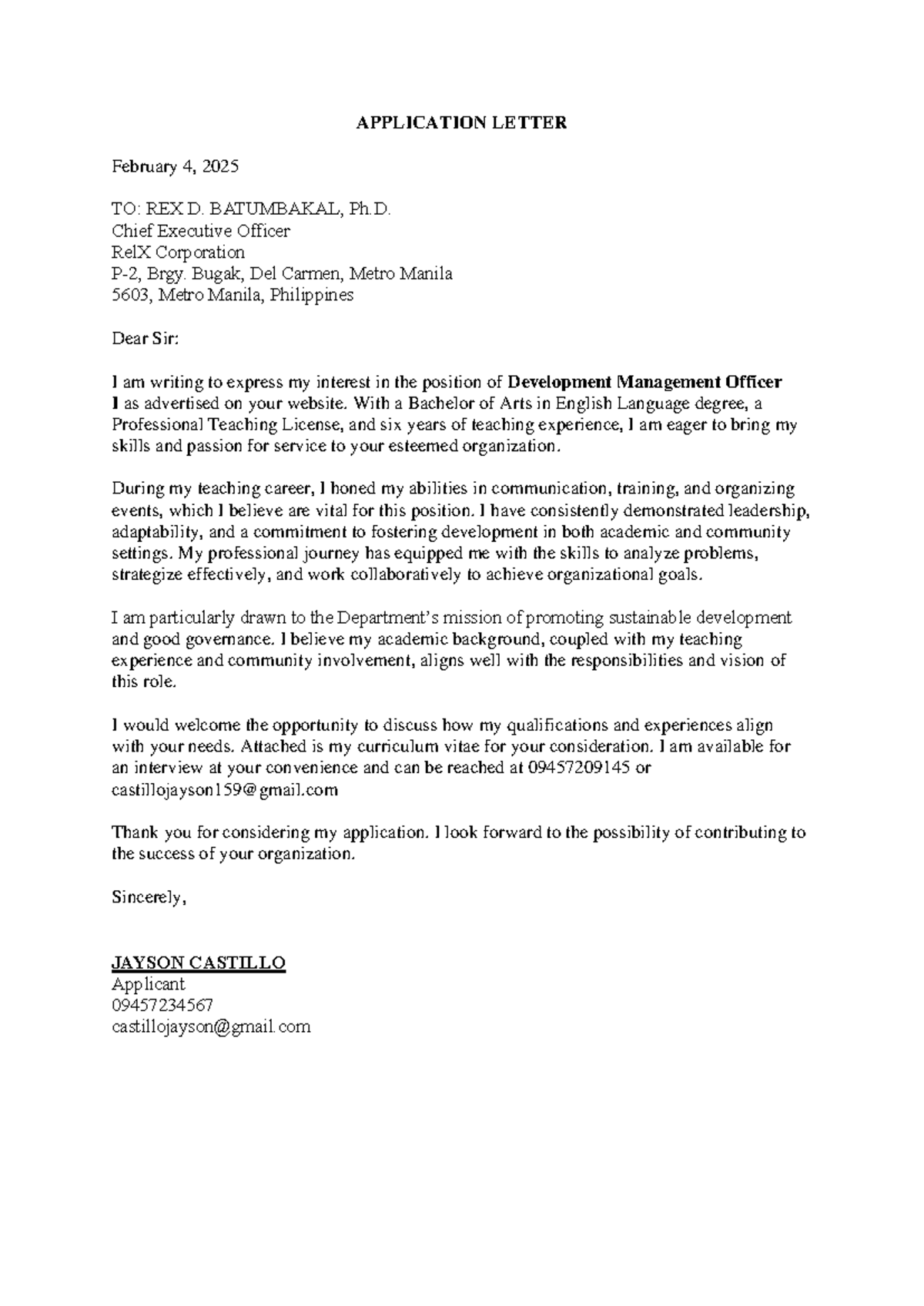 Application Letter for Development Management Officer I Position - Studocu