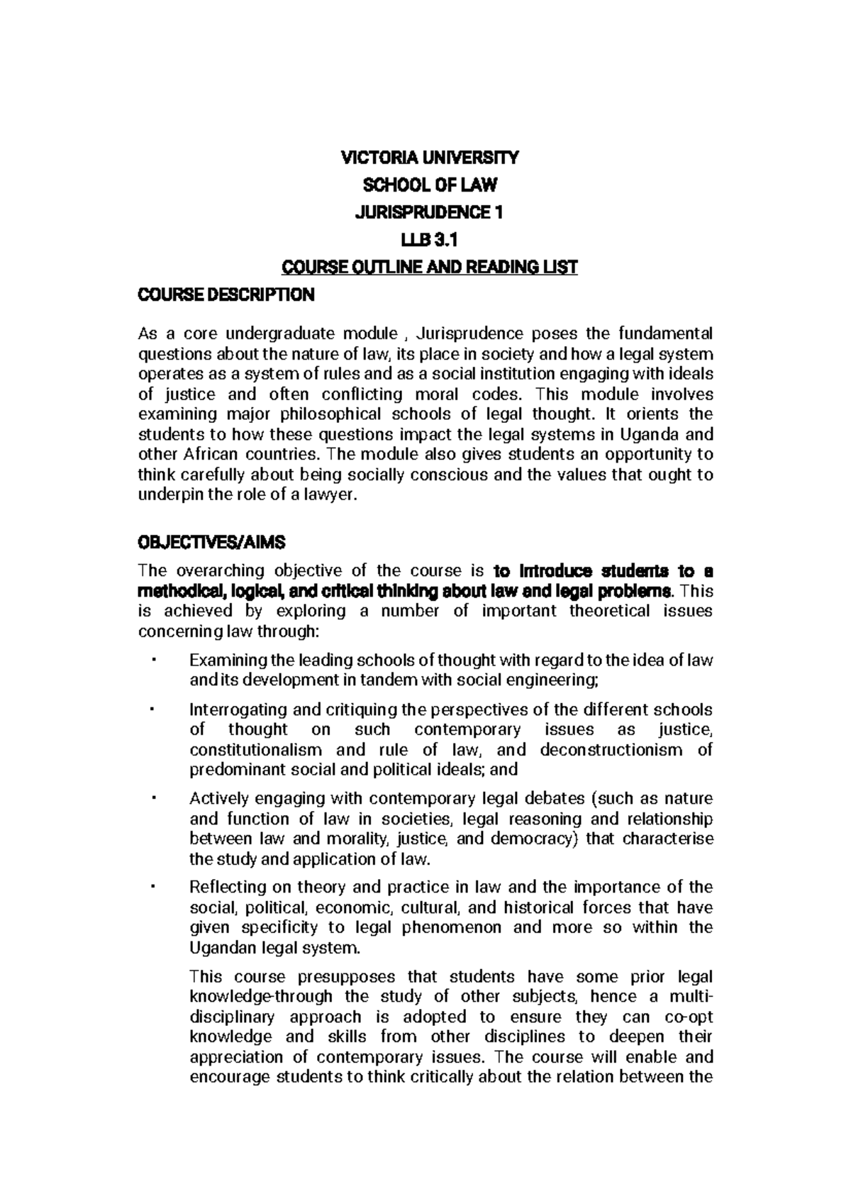 JURISPRUDENCE 1 LLB 3.1 COURSE OUTLINE & READING LIST - Studocu