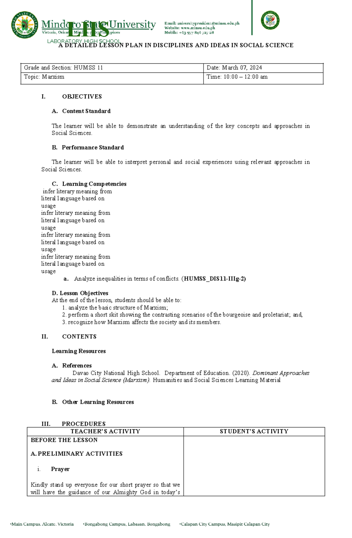 HUMSS 11 - Detailed Lesson Plan on Marxism and Social Inequality - Studocu