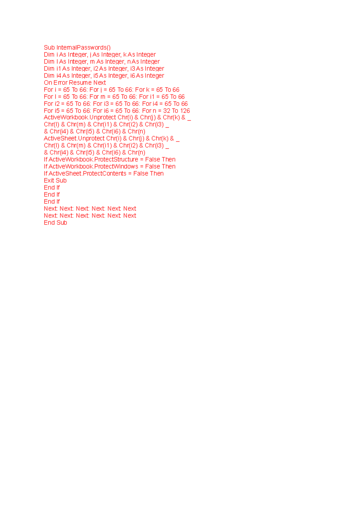 VBA Code for Document Protection Example - InternalPasswords() - Studocu
