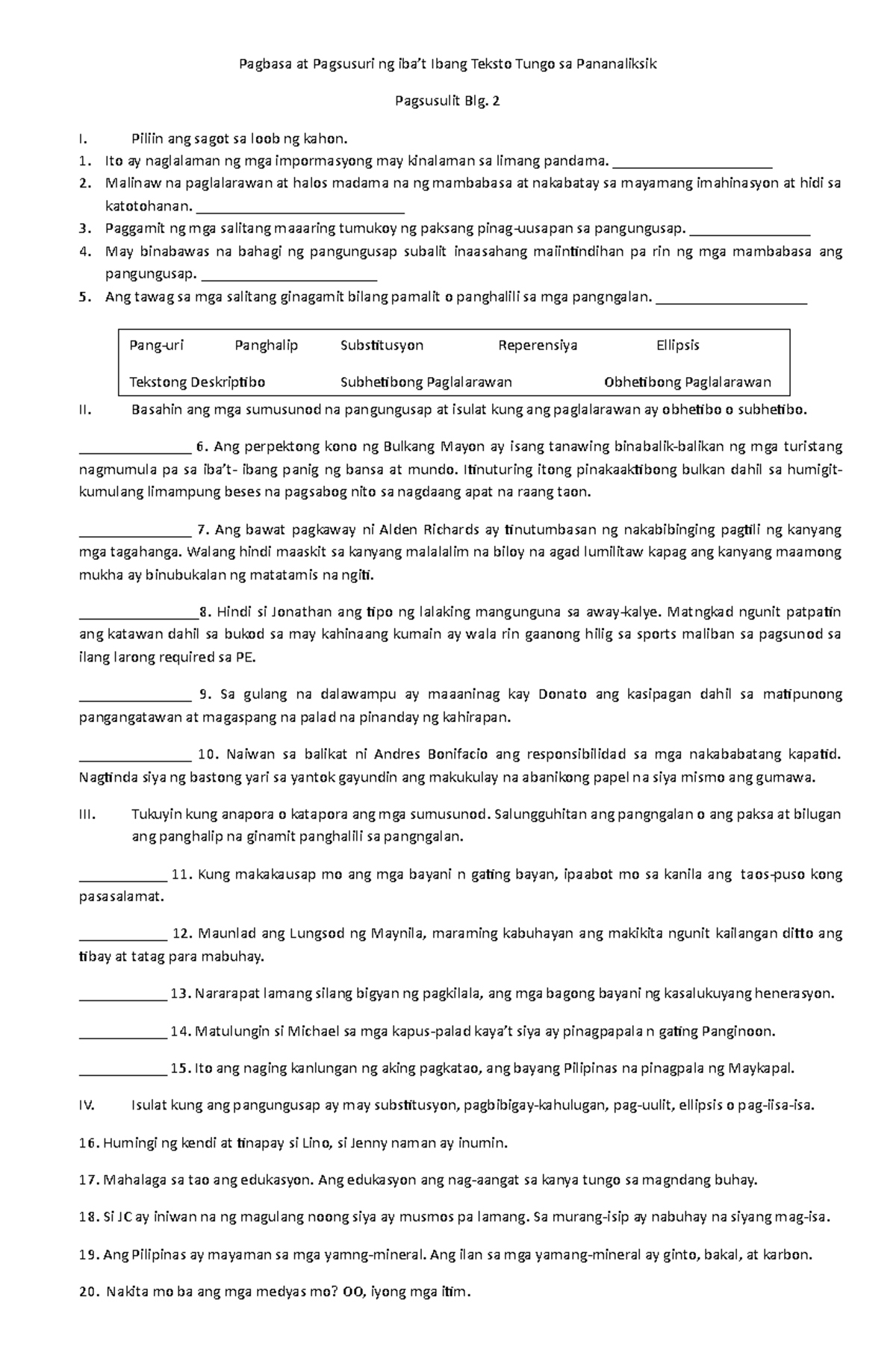Pagsusulit sa Pagbasa at Pagsusuri ng iba't ibang Teksto - Pagbasa at ...
