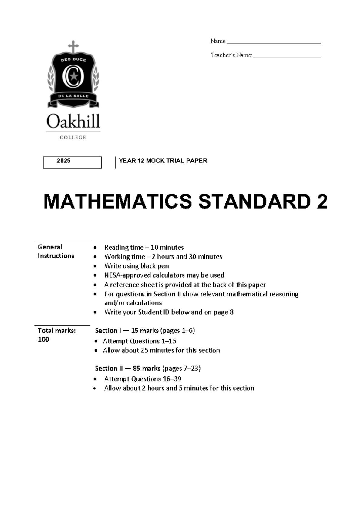 2025 Year 12 Mathematics Standard 2 HSC Mock Trial Paper - Studocu