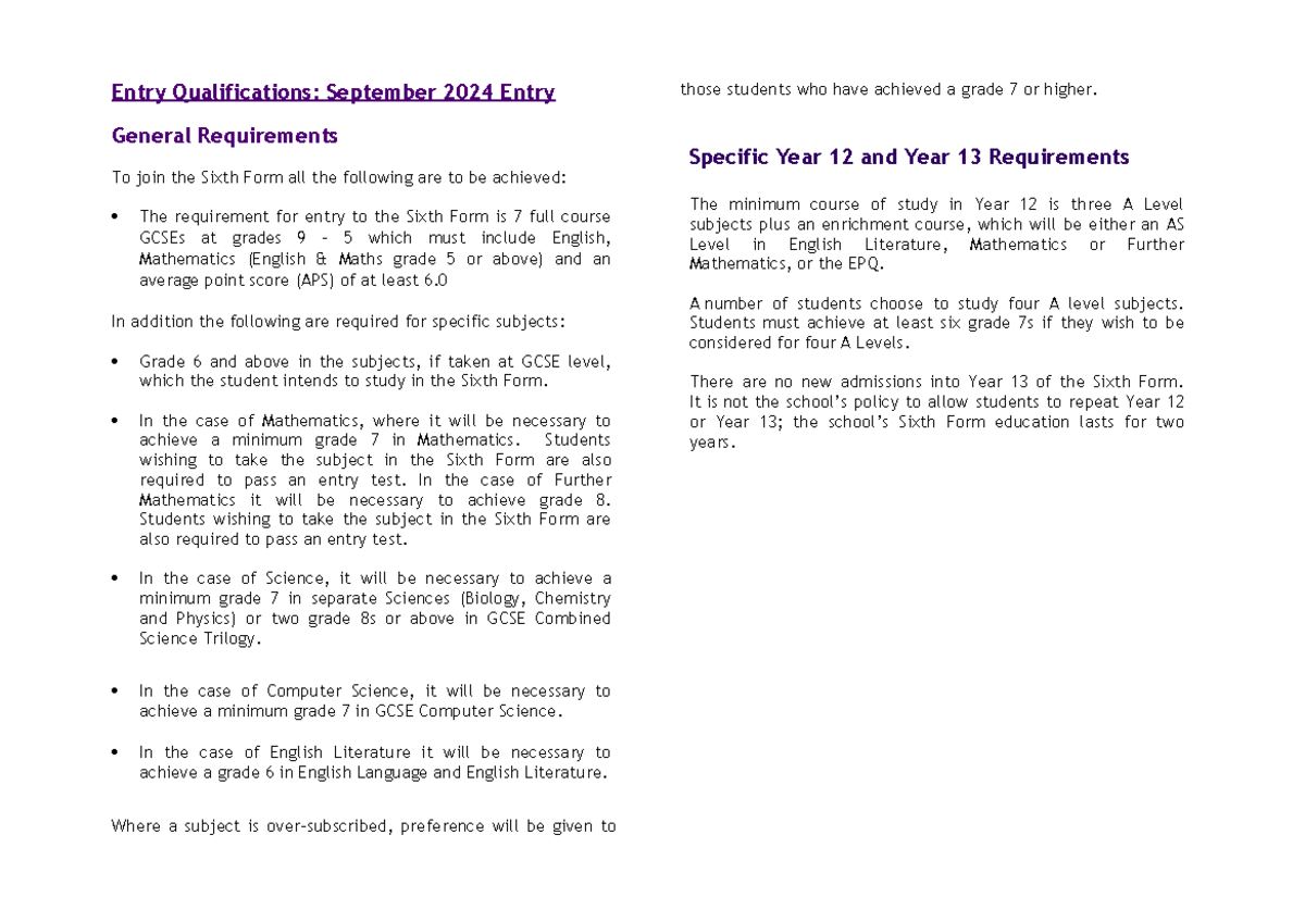 Sixth Form Entry Requirements 2024 2026 update - Entry Qualifications ...