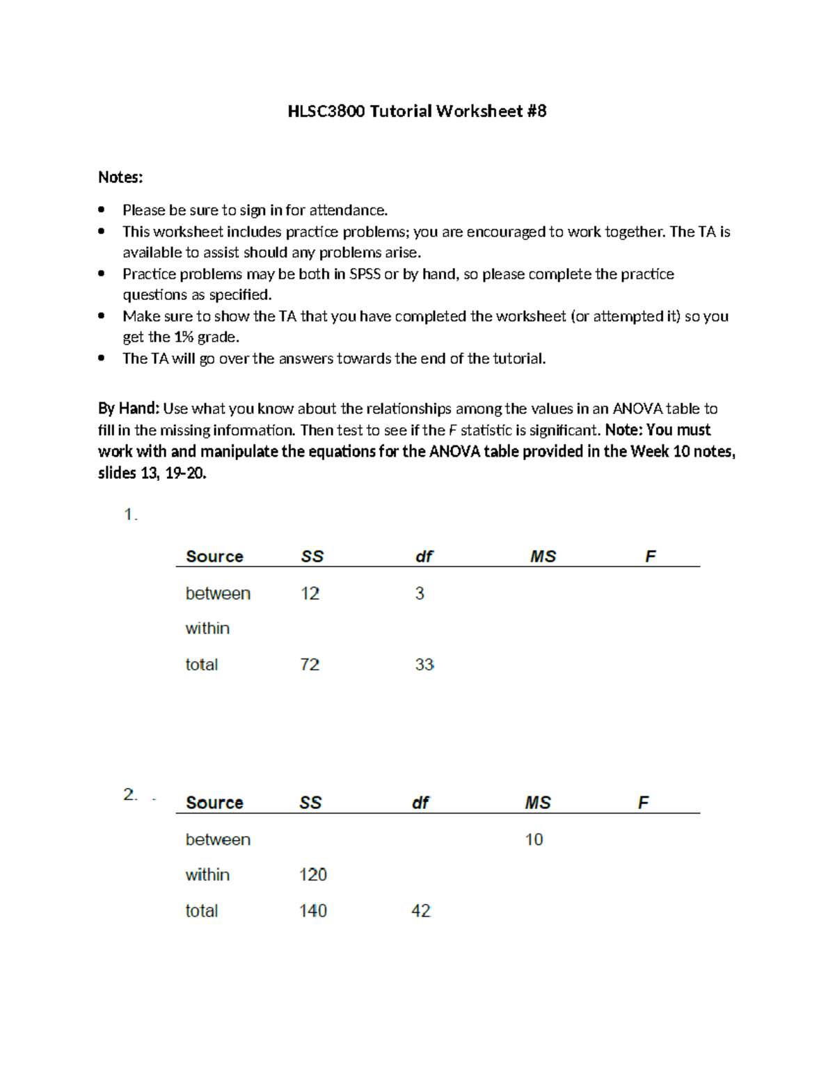 HLSC3800 Tutorial 8 Worksheet: ANOVA Practice & Attendance - Studocu