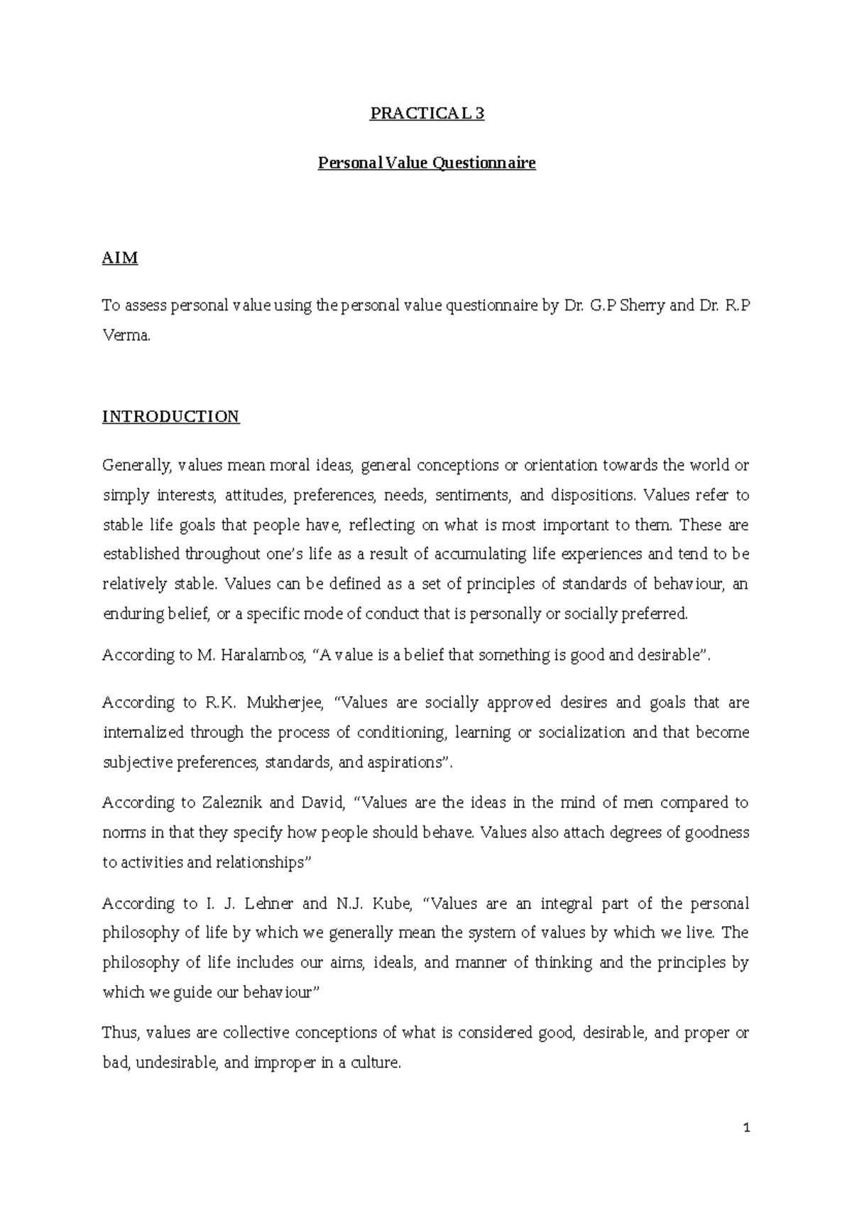 Practical personal value questionnaire - PRACTICAL 3 Personal Value ...