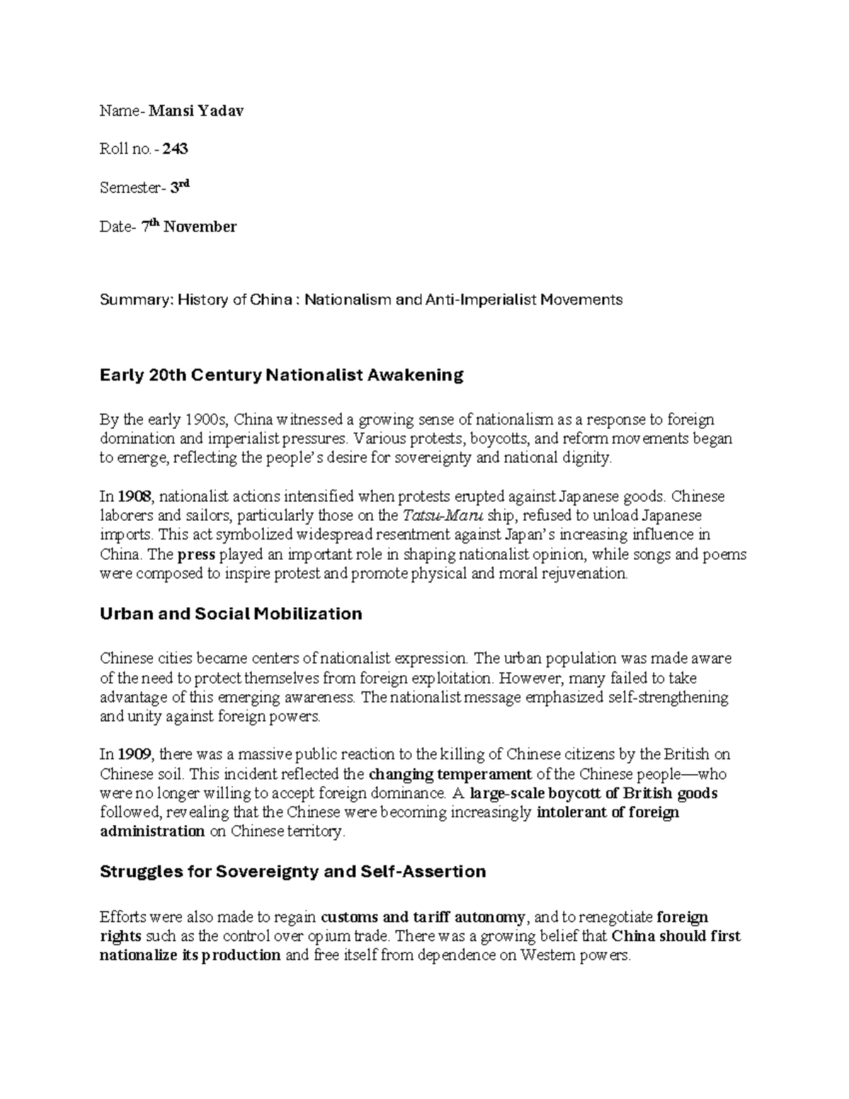 History of China: Nationalism & Movements (Mansi Yadav, Roll 243) - Studocu