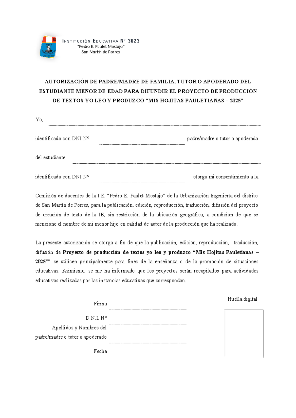 Autorización de Tutor para Proyecto "Yo Leo y Produzco" 3023 - Studocu