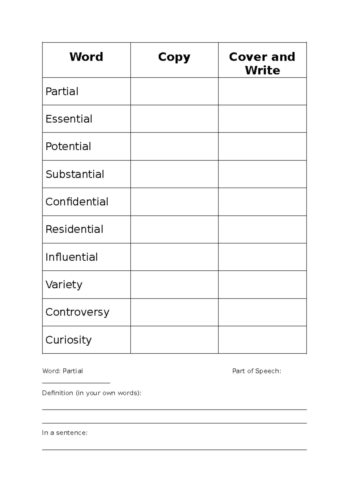 Spelling Sheet EASY: Definitions and Usage of Key Words - Studocu