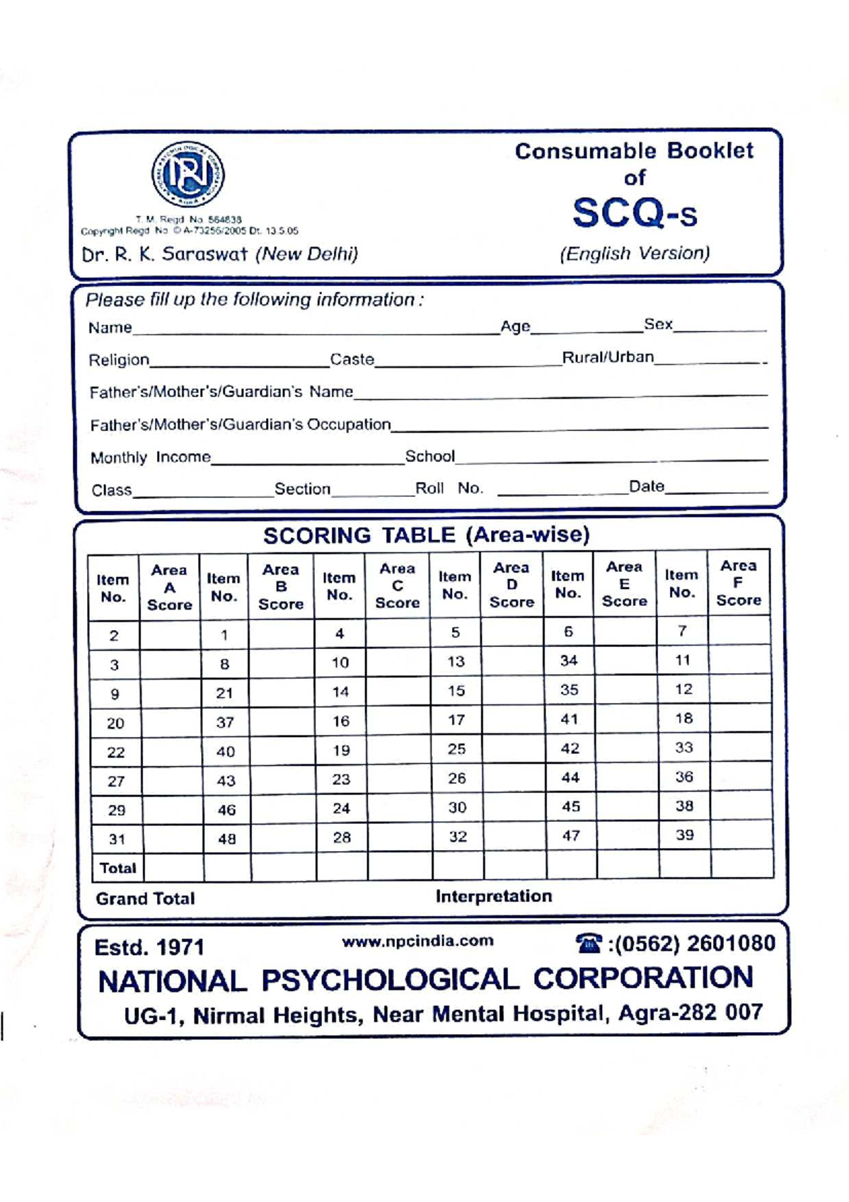 Self Concept Questionnaire (SCQ) Manual for Students - Studocu