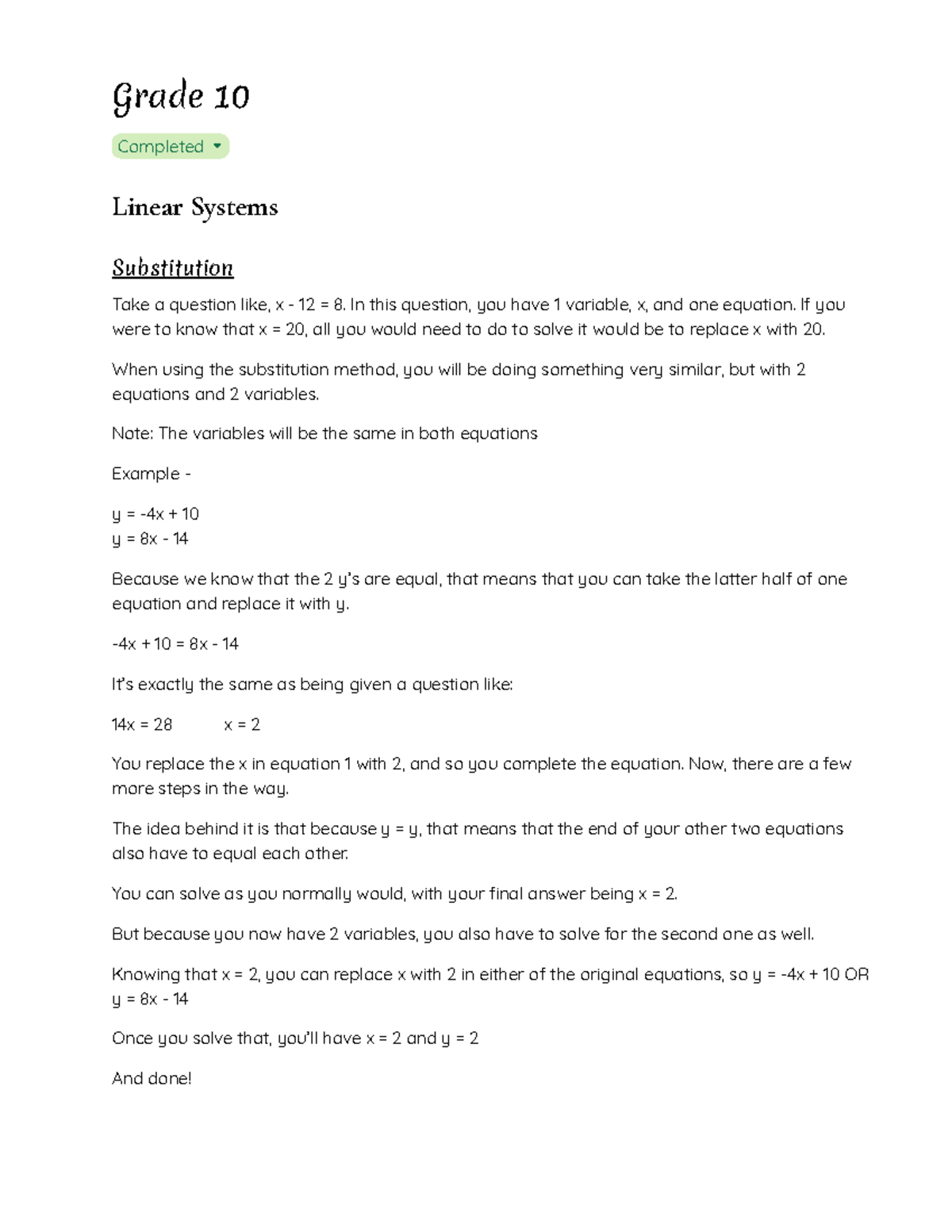 Grade 10 MPM2D Linear Systems: Substitution & Elimination Methods - Studocu