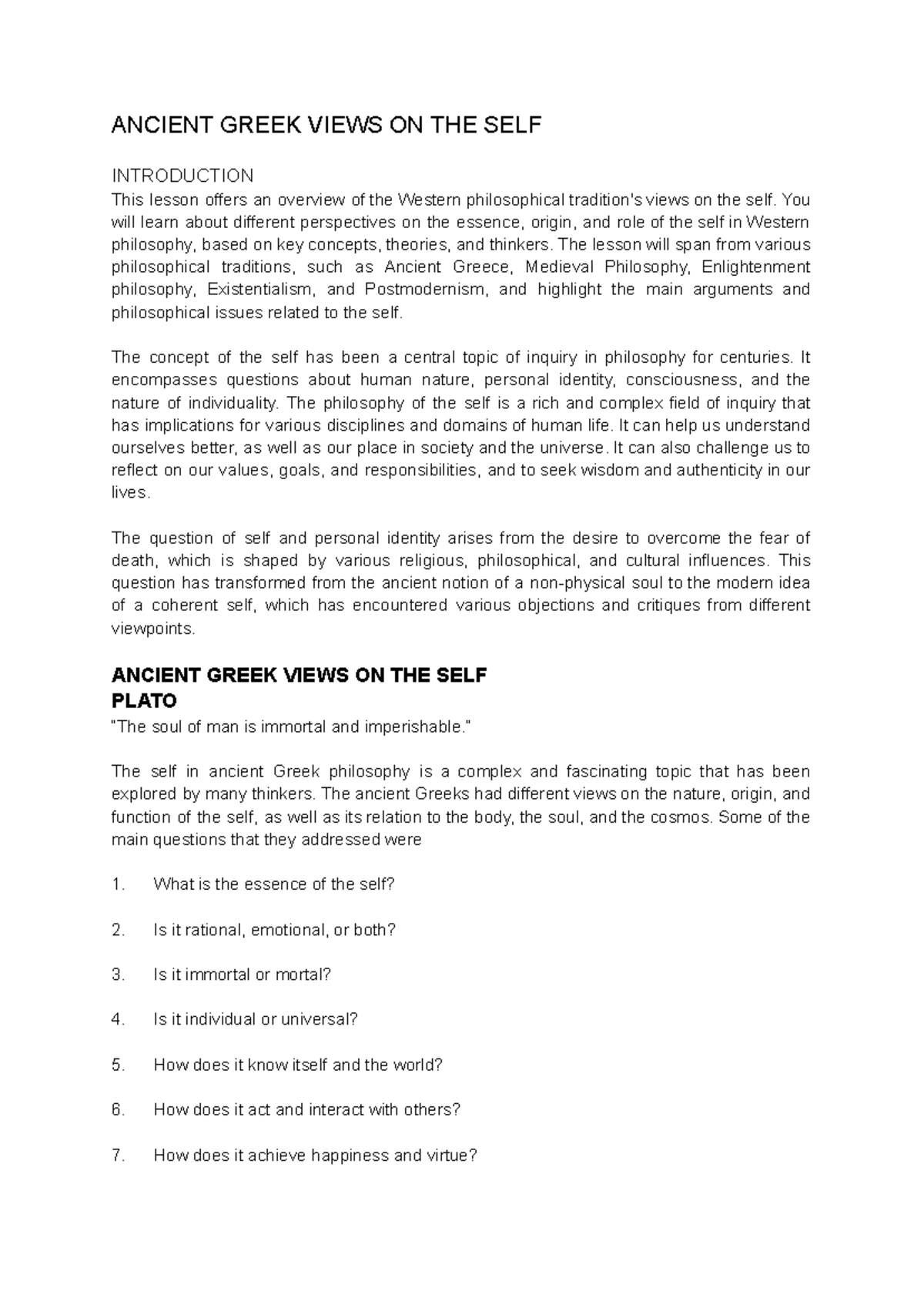 **PHL101: Module 1 - Ancient Greek Perspectives on the Self** - Studocu