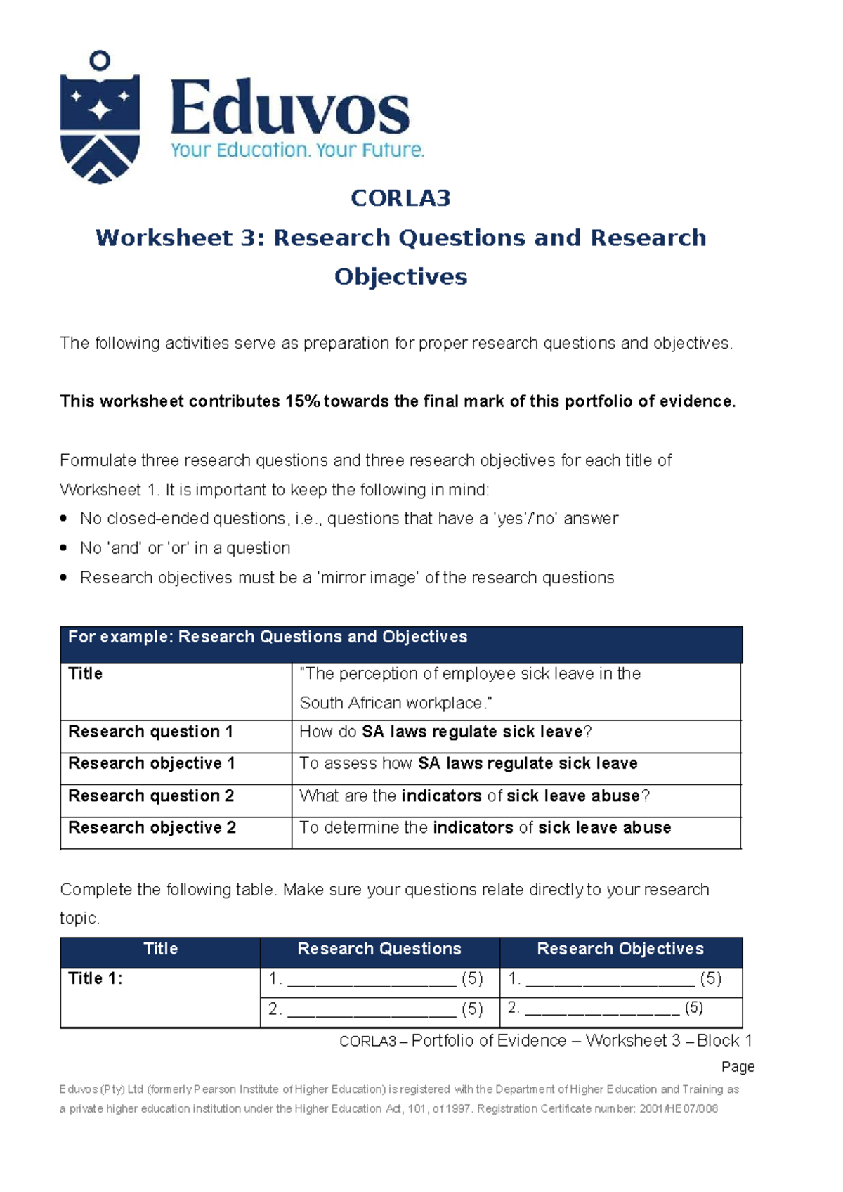CORLA3 Worksheet 3: Formulating Research Questions & Objectives - Studocu