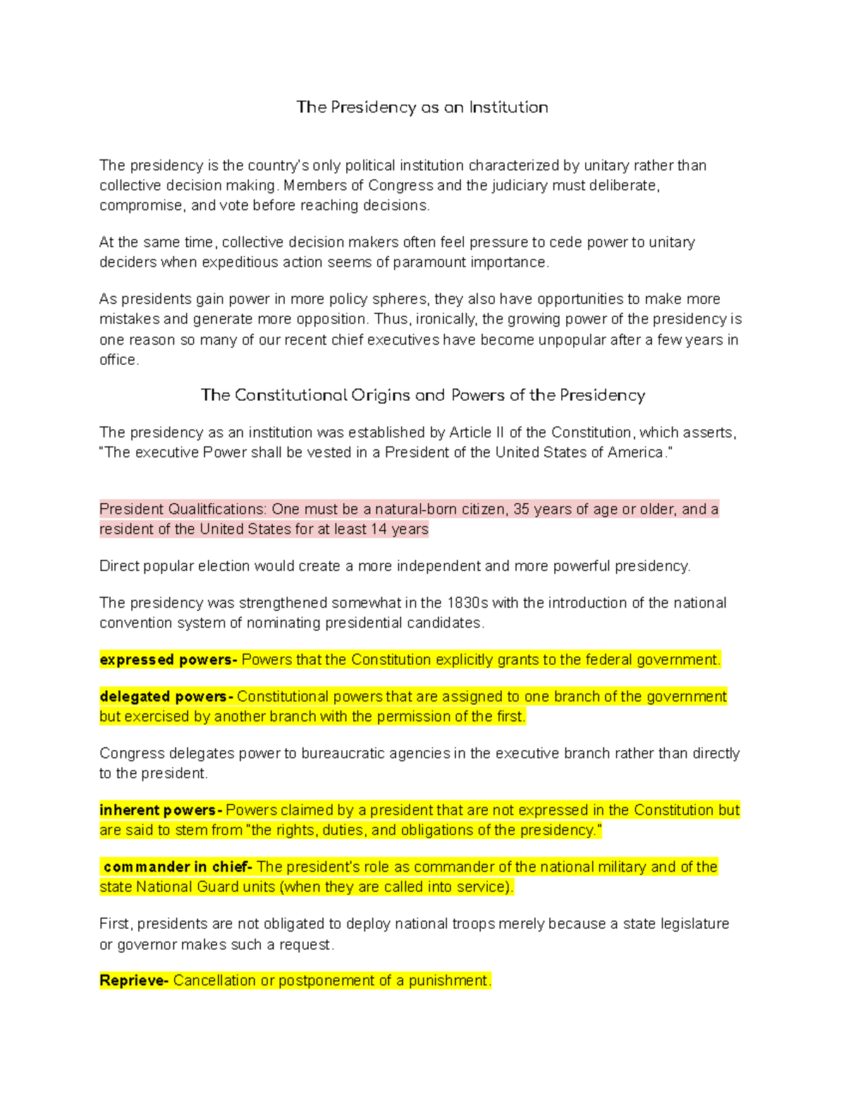 Chapter 7 Notes - The Presidency as an Institution in American Gov ...