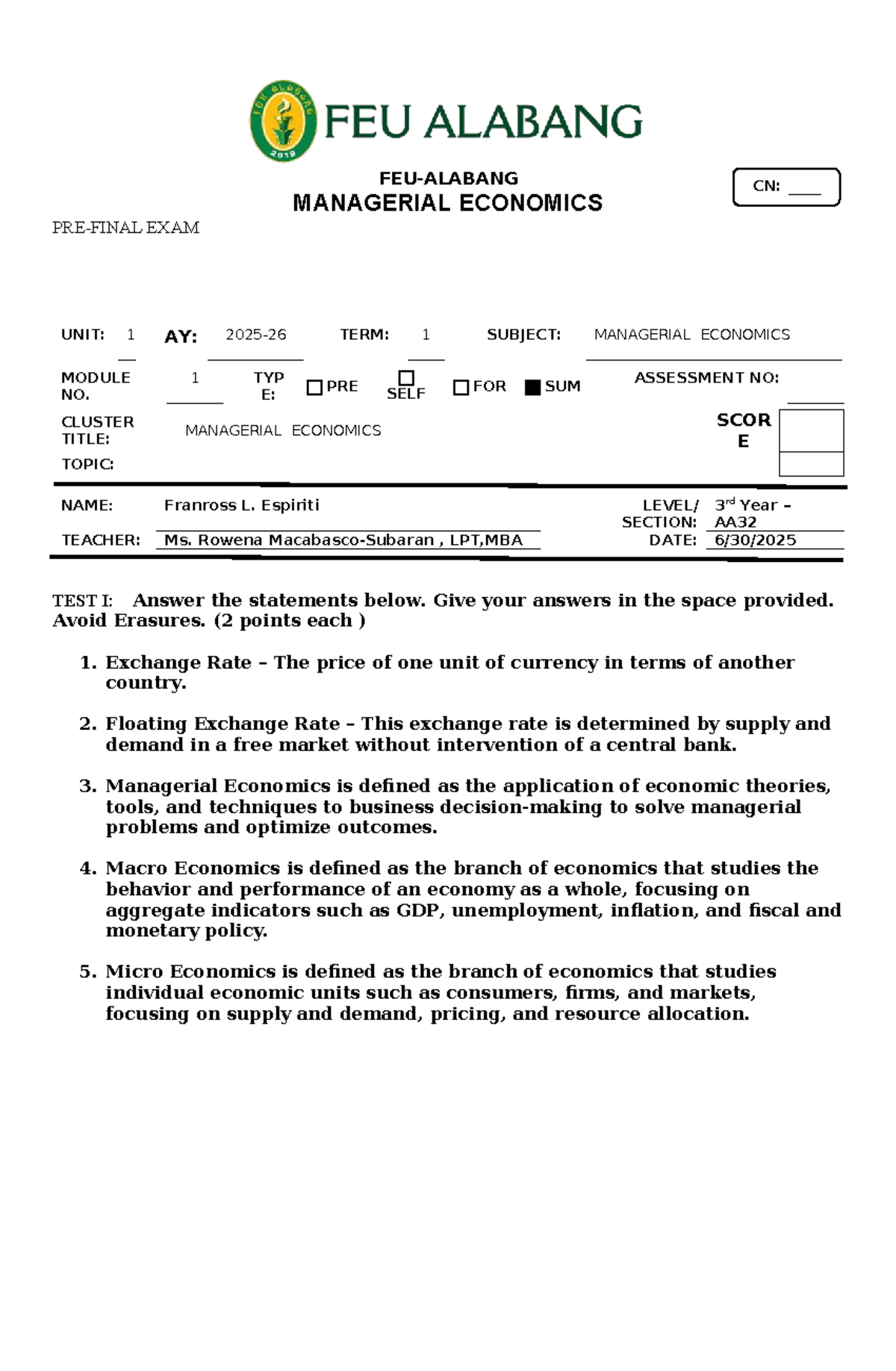 Final Exam - Managerial Economics - 2 (27100063) - Unit 1 Assessment ...