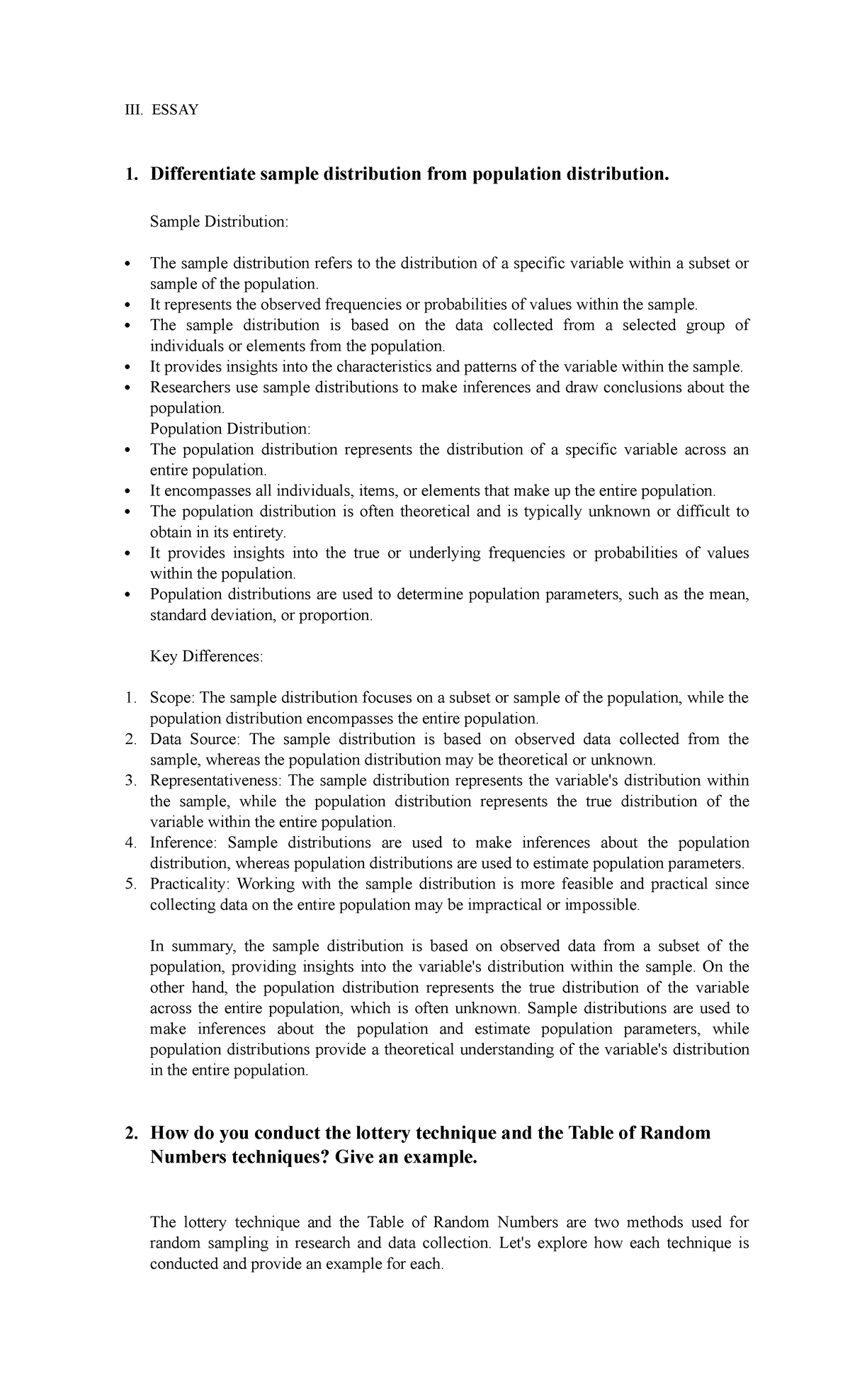 Essay.. Introduction OF Statistics - III. ESSAY 1. Differentiate sample ...
