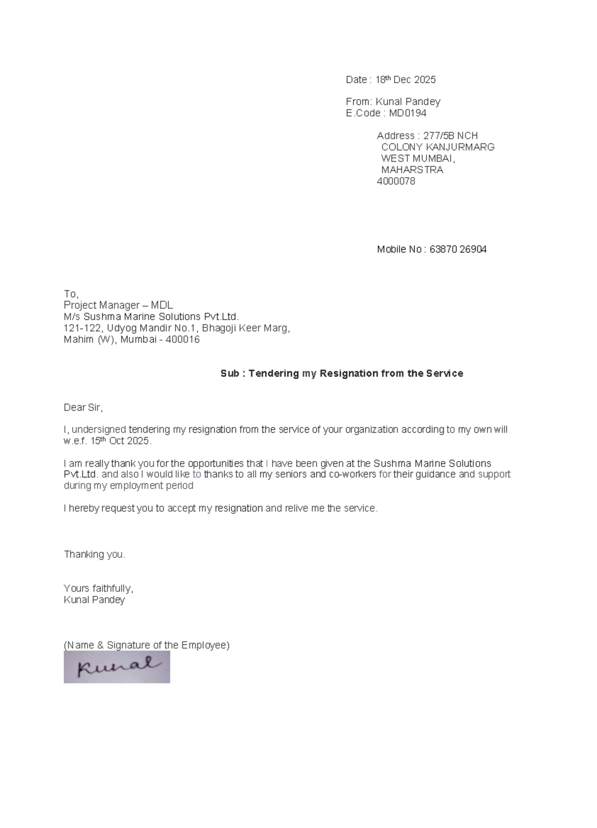 Resignation Letter Format - MD0194 - Studocu