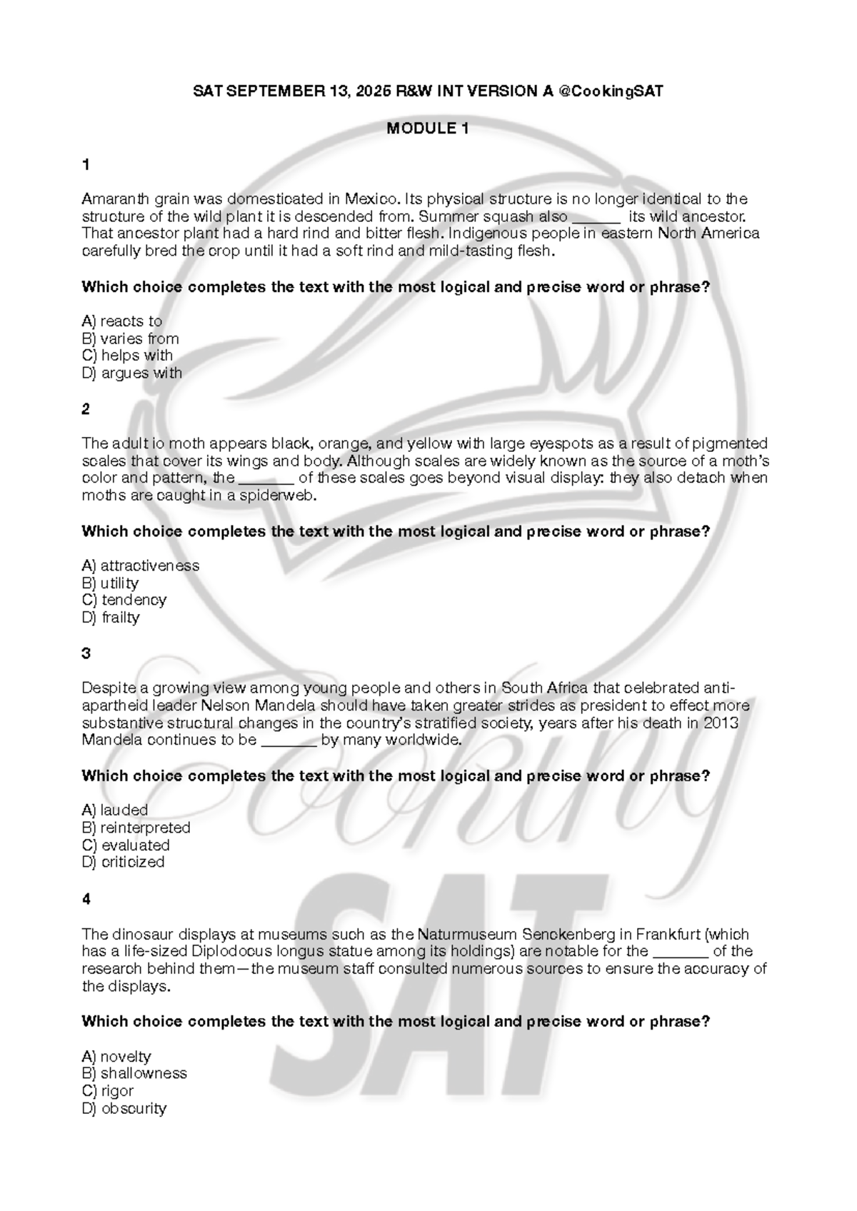 SAT September 13, 2025 - Version A Reading Comprehension Module - Studocu