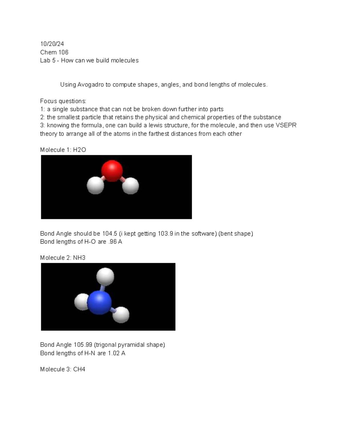 Chem 106 Lab 5: Building Molecules with Avogadro Analysis - Studocu